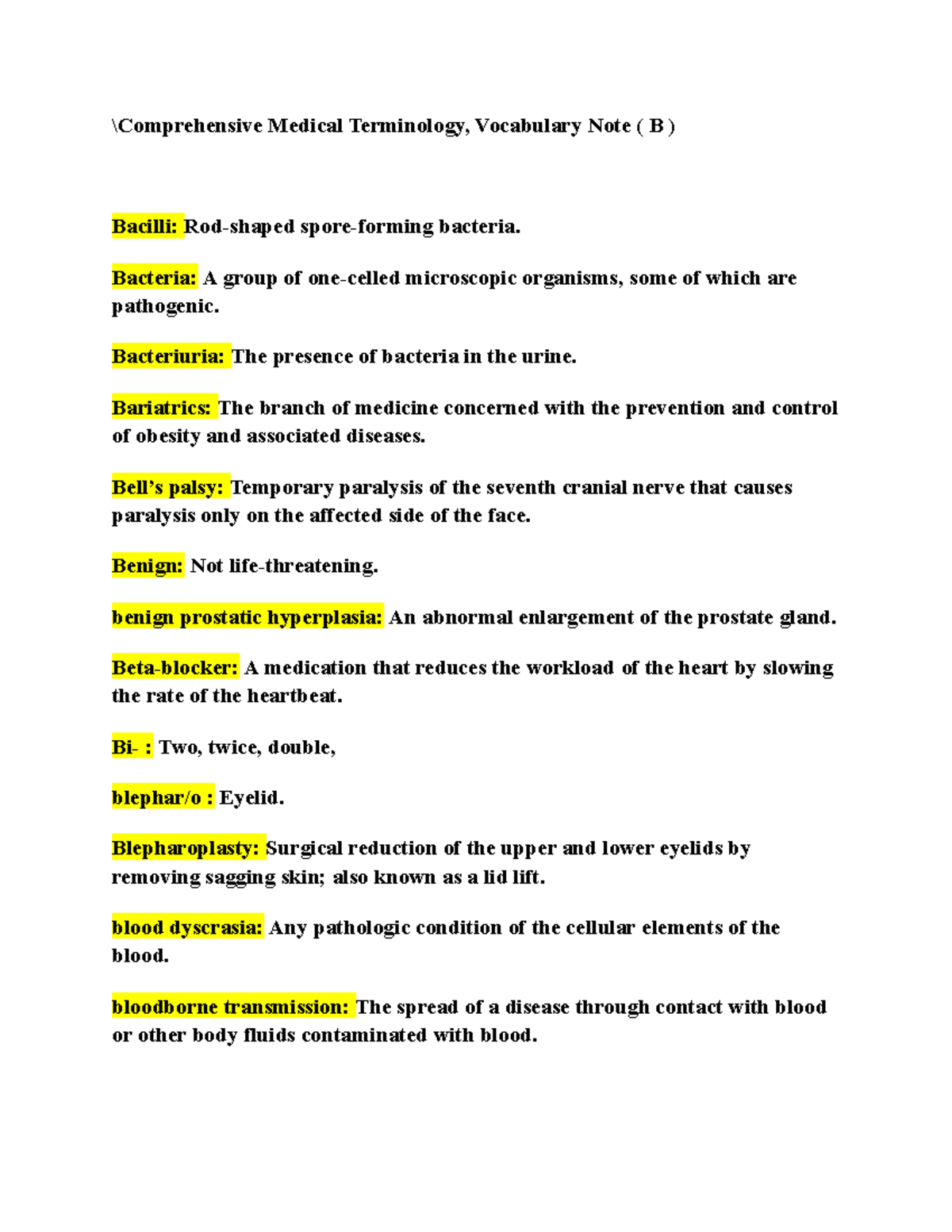 Vocabulary Note ( B ) - \Comprehensive Medical Terminology, Vocabulary ...