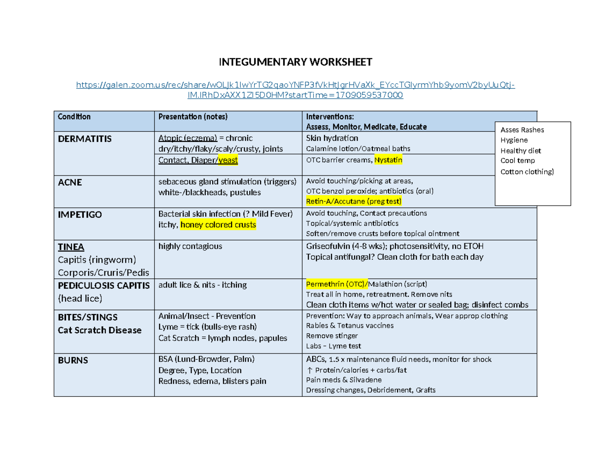 Integumentary Worksheet new - INTEGUMENTARY WORKSHEET - Studocu