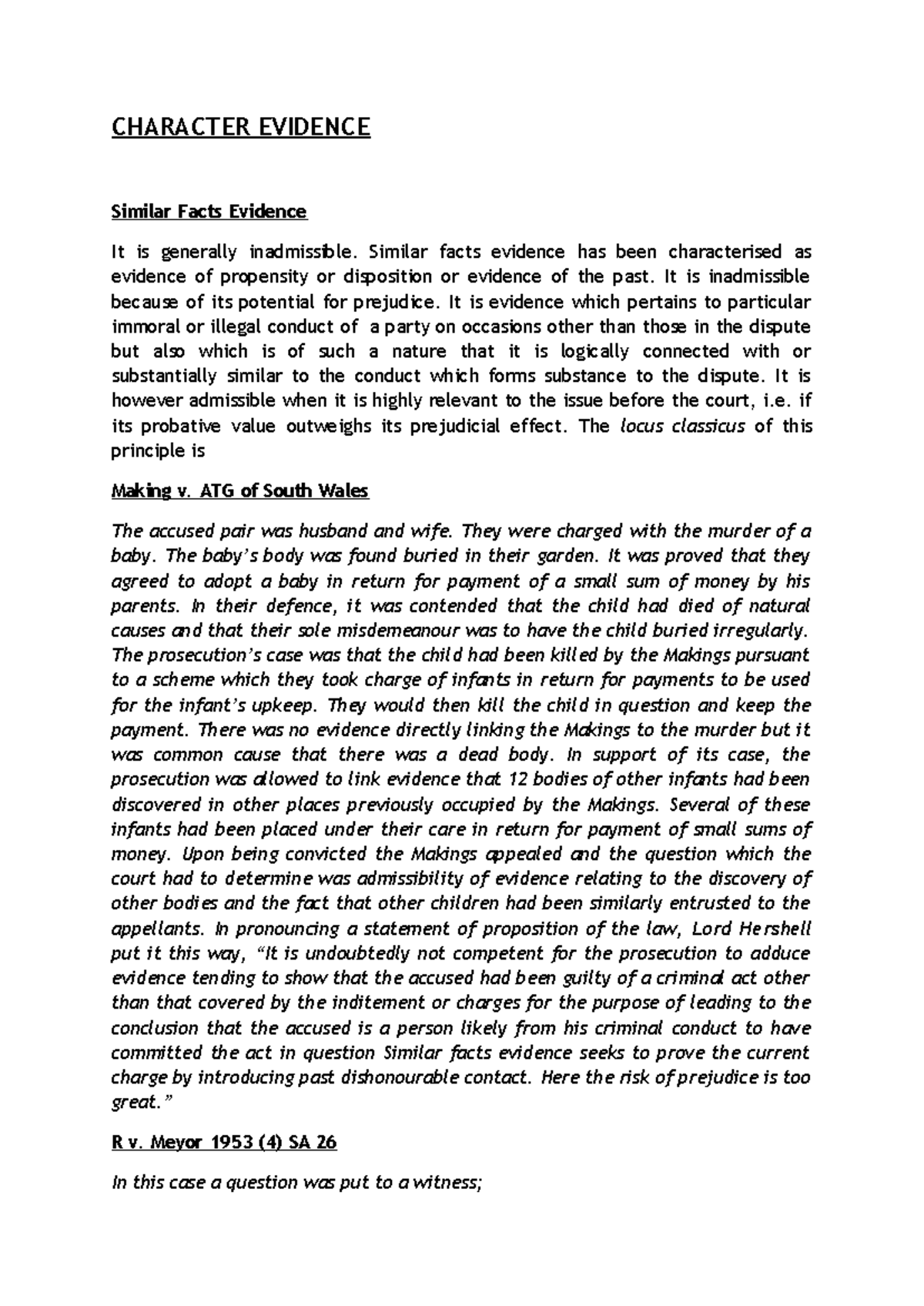 4. Character Evidence - CHARACTER EVIDENCE Similar Facts Evidence It is ...