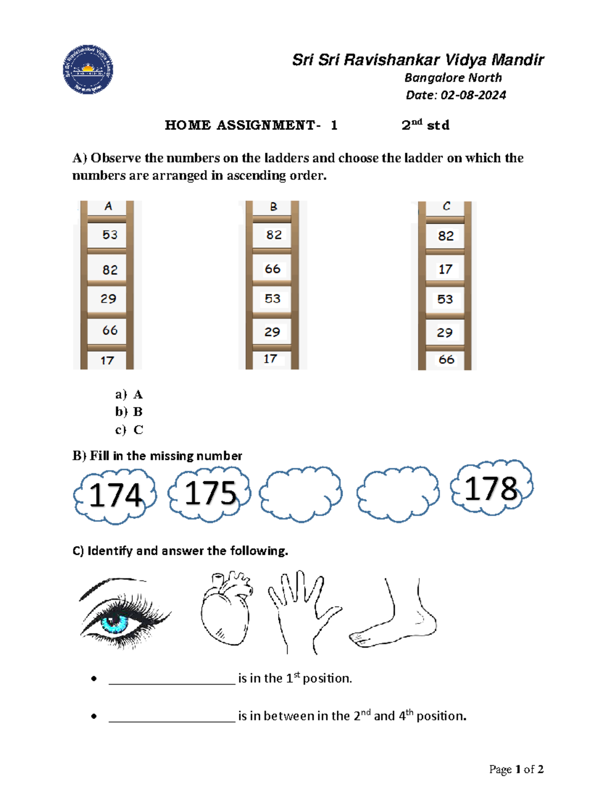 2nd Maths HA-1 (24-25) - Page 1 of 2 Sri Sri Ravishankar Vidya Mandir ...