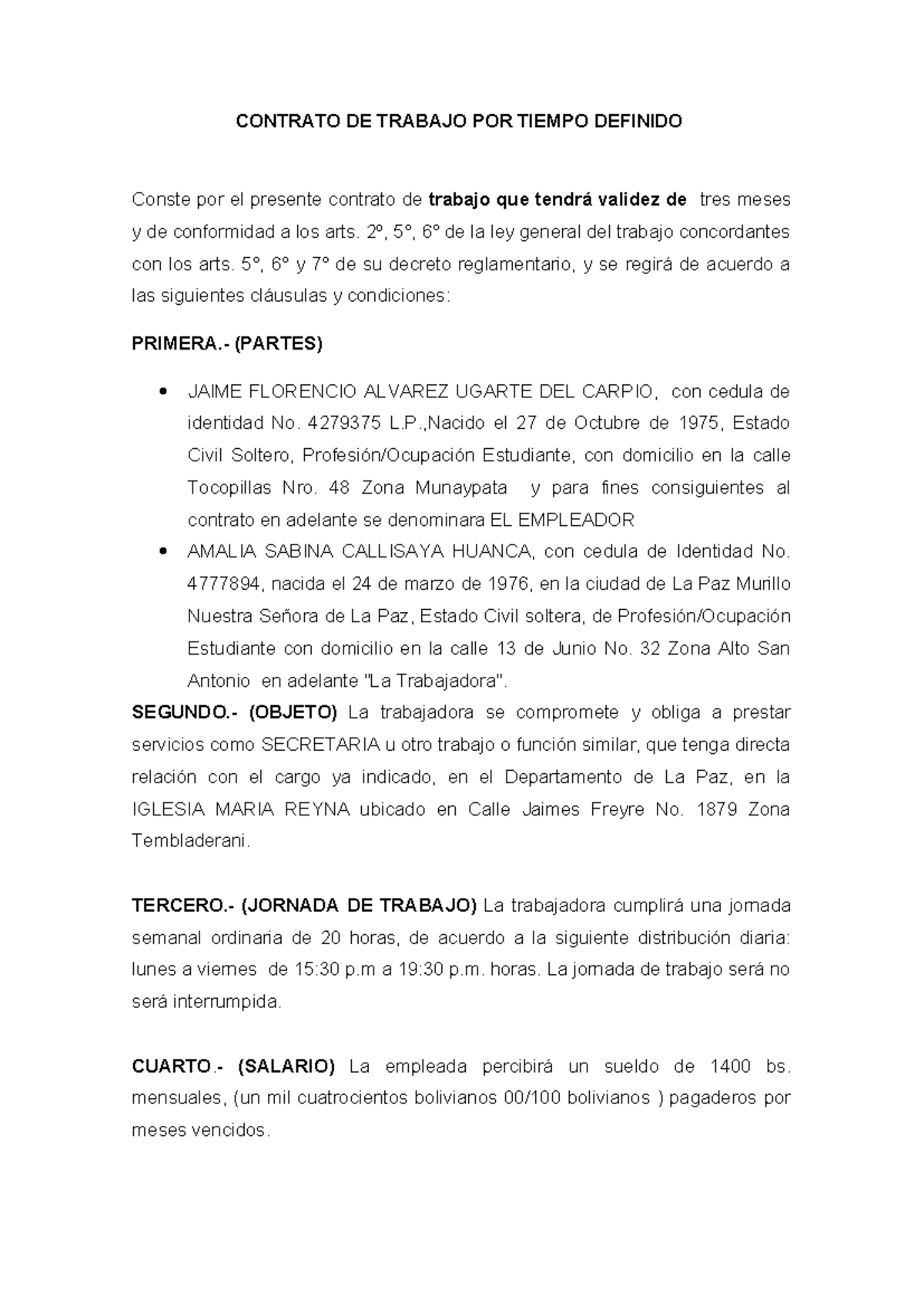 Contrato de Trabajo - CONTRATO DE TRABAJO POR TIEMPO DEFINIDO Conste ...