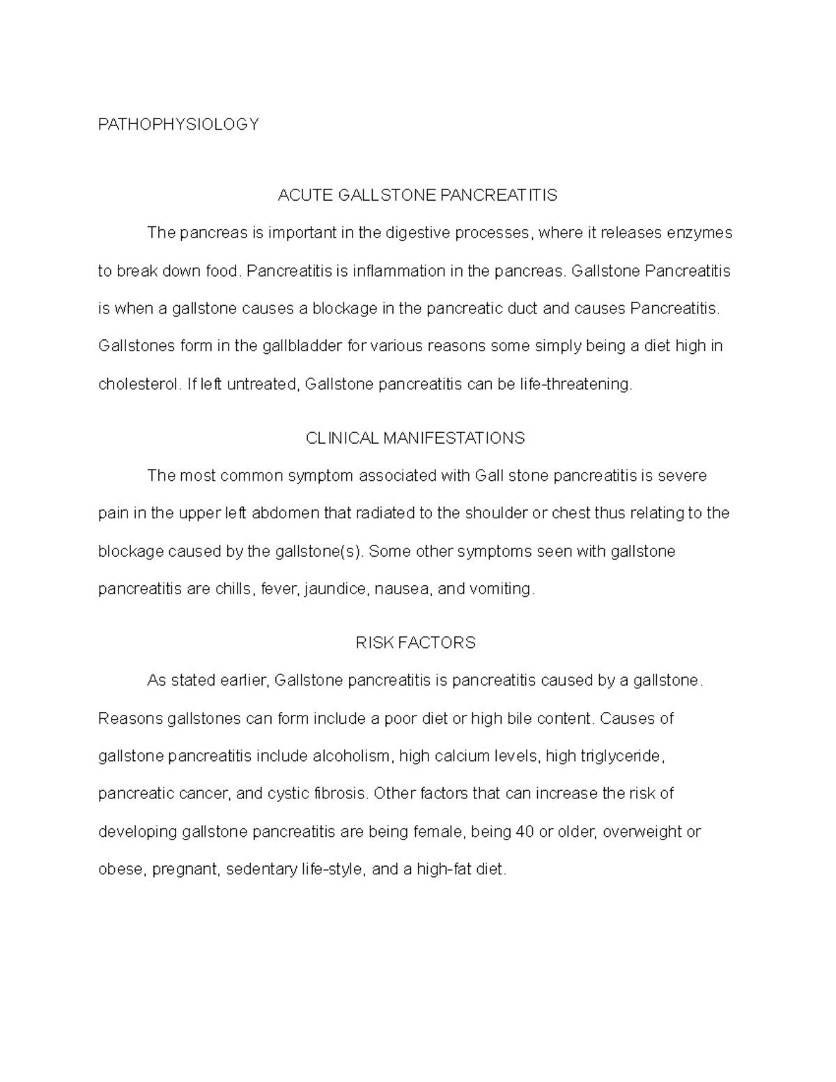 Acute Gallstone Pancreatitis - PATHOPHYSIOLOGY ACUTE GALLSTONE ...