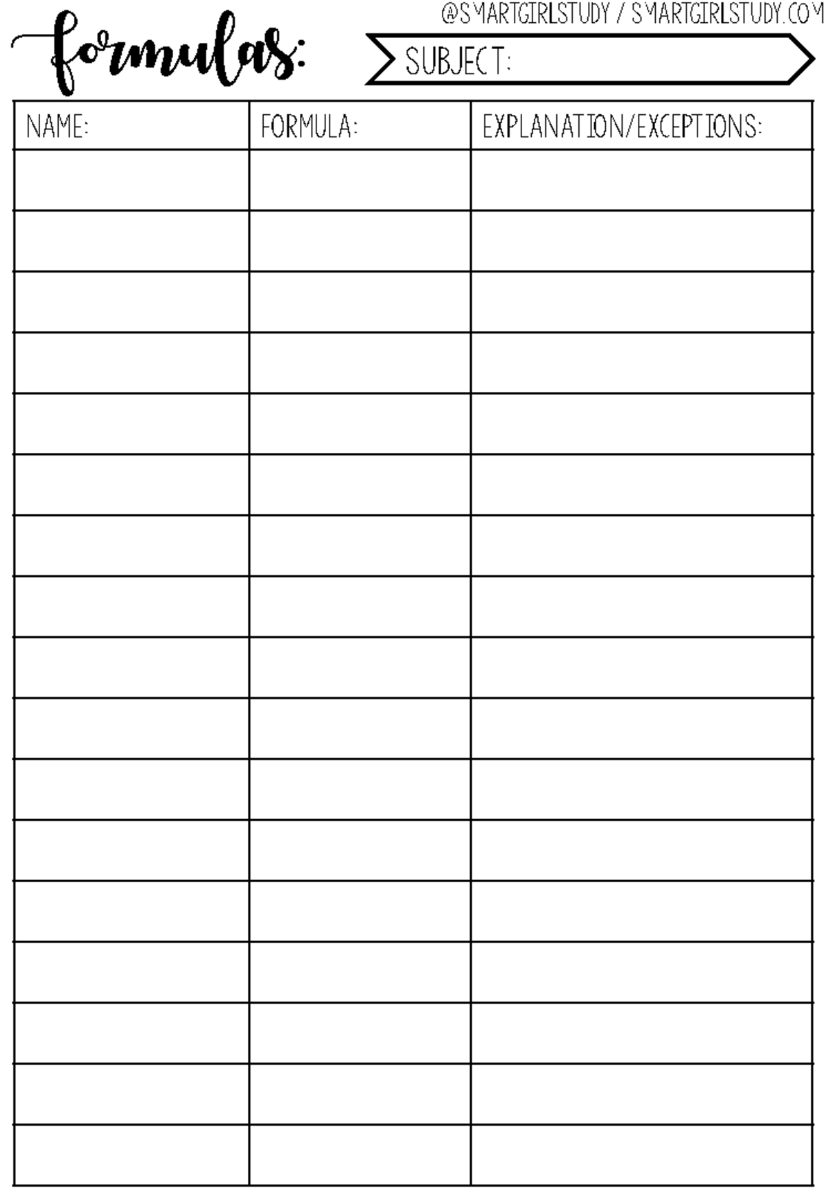 Formula Sheet printable page - PHY001 - Formulas: Name: Formula ...