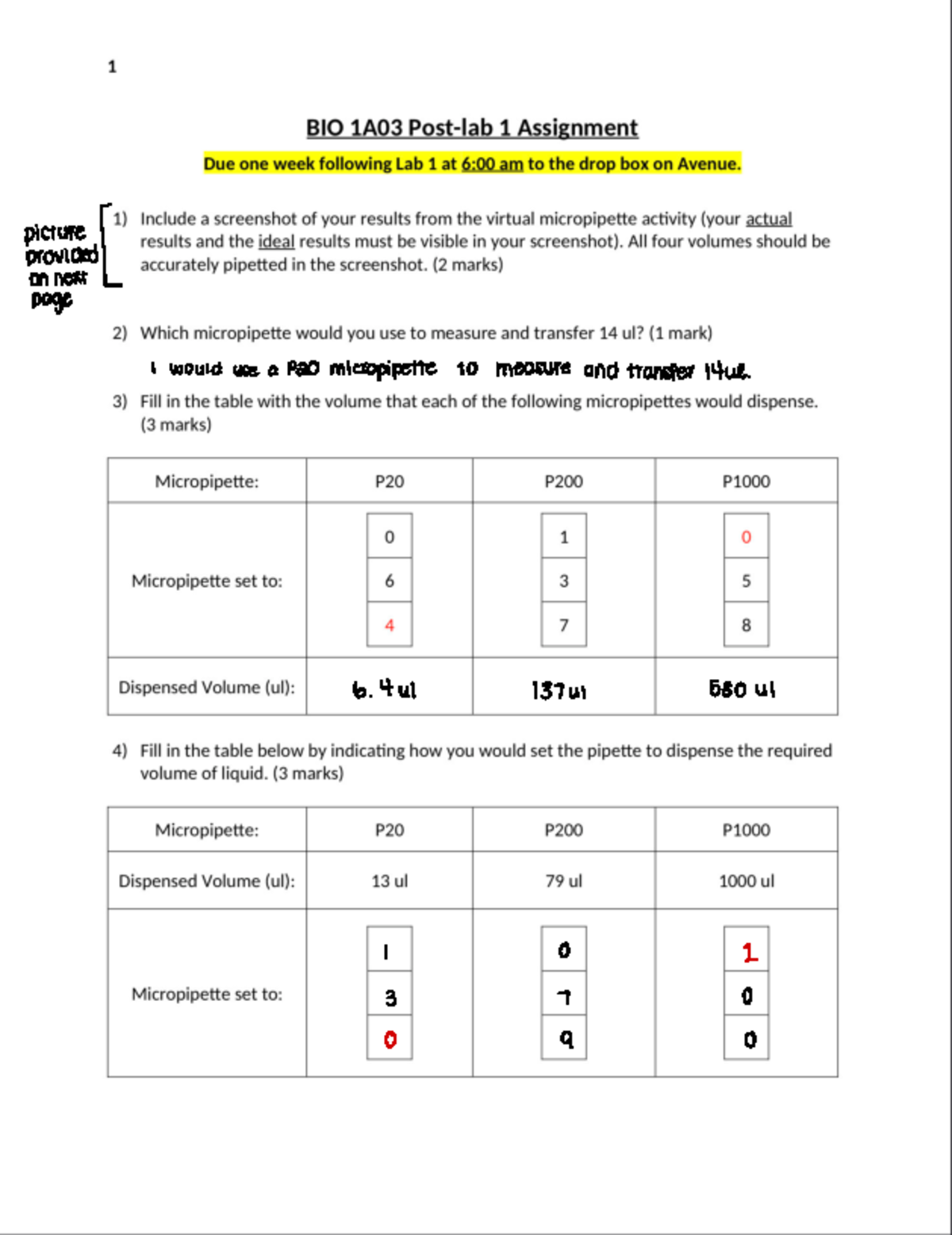BIO 1A03 Post-lab 1 Assignment - Bio 1A03 - picture provided L on next page I woulduse a 20 ...