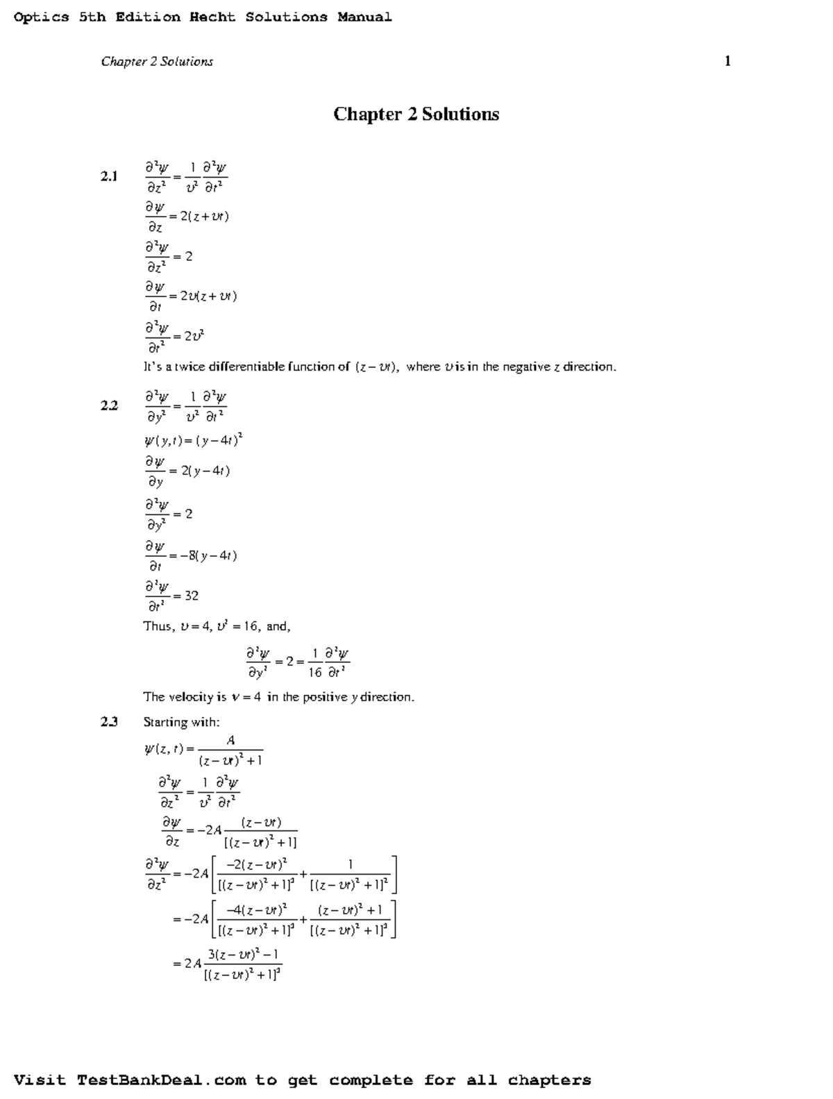 Optics-5th-edition-hecht-solutions-manual chapter 2 - Chapter 2 Solutions 1 Chapter 2 Solutions ...