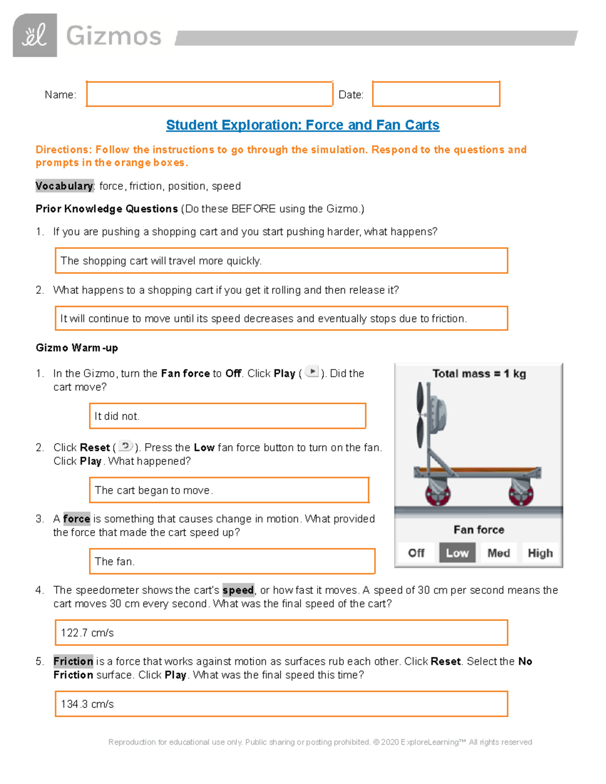 Copy of Force Fan Carts Forces and Acceleration Gizmo - Name: Date ...