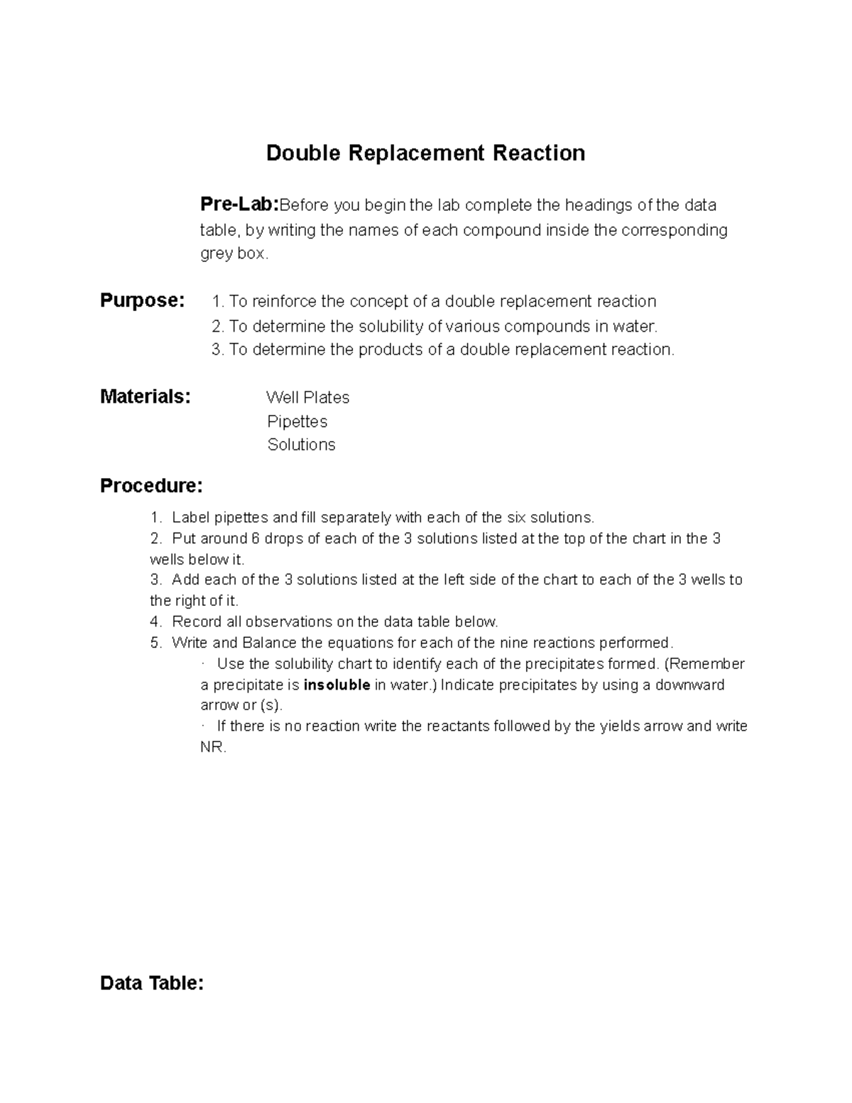 Double Replacement Lab Notes - Double Replacement Reaction Pre-Lab ...
