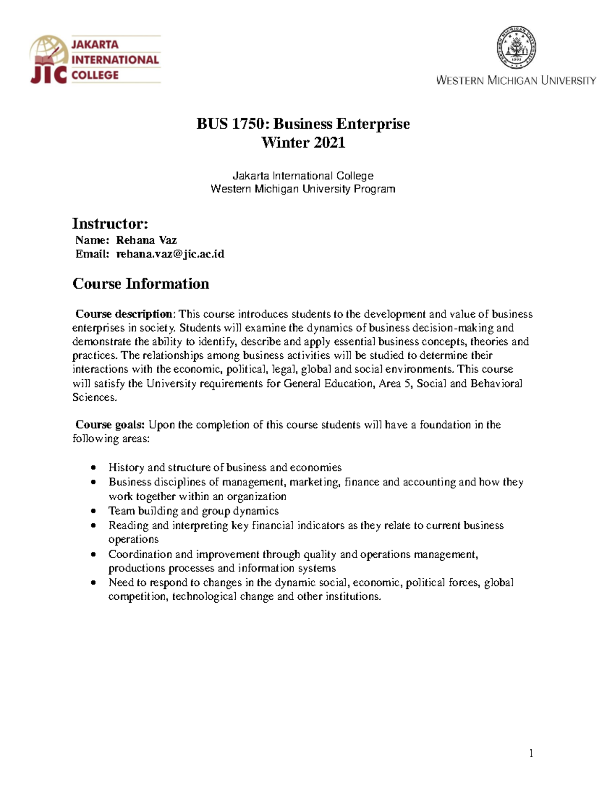 BUS 1750 Business Enterprise Syllabus Winter 2021 - BUS 1750 - WMU ...