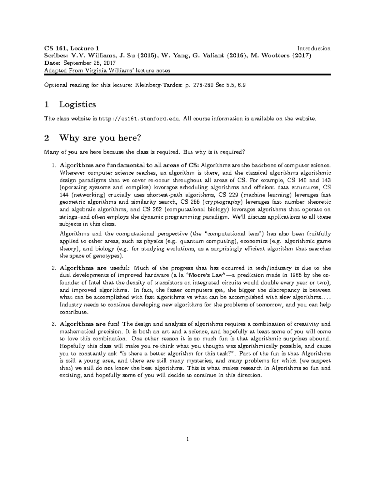 CS161Lecture 01 - Algorithms - CS 161, Lecture 1 Introduction Scribes ...