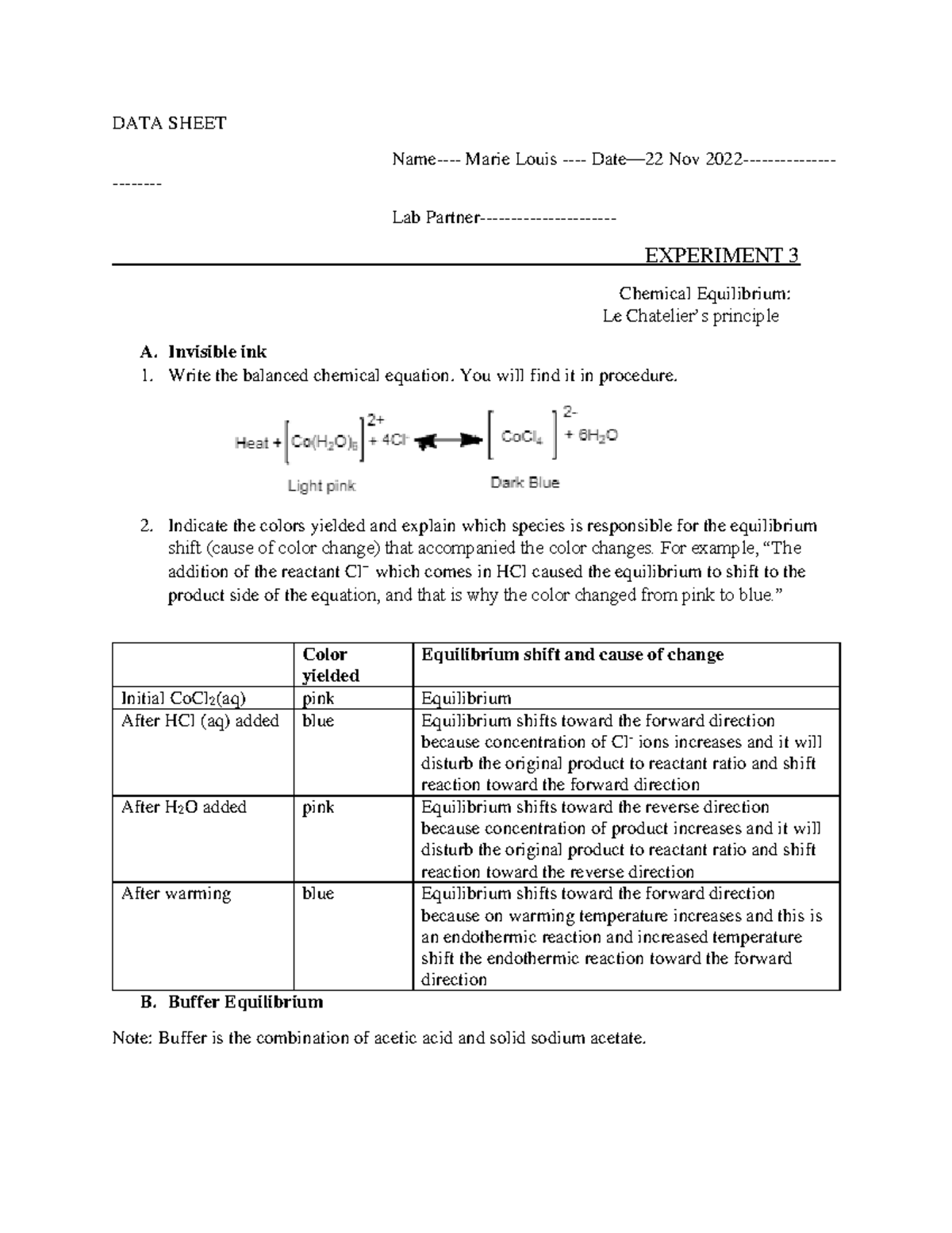 Le Chatelier's data sheet 1 - DATA SHEET Name- Marie Louis - Date—22 Nov 2022- Lab Partner ...