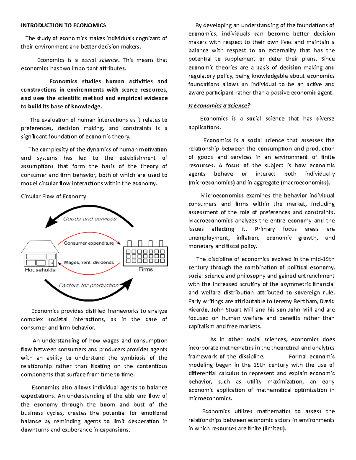 Introduction TO Economics - INTRODUCTION TO ECONOMICS The study of ...