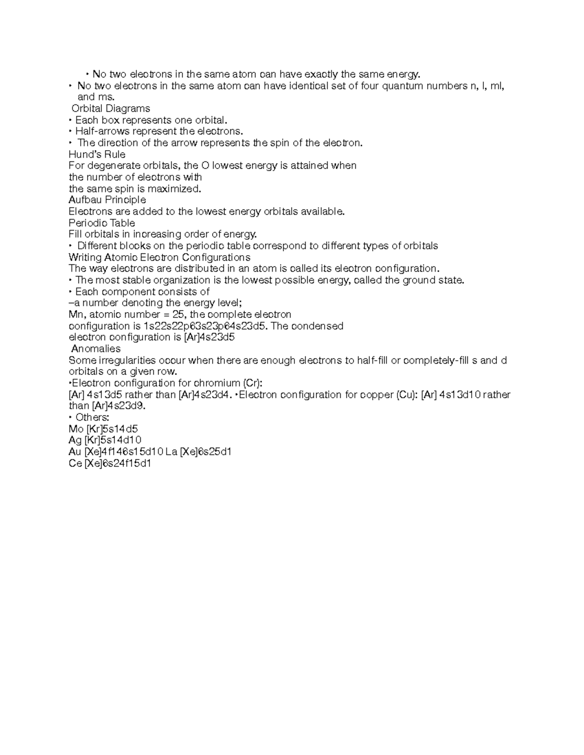 Chem 15 - Notes - No two electrons in the same atom can have exactly ...