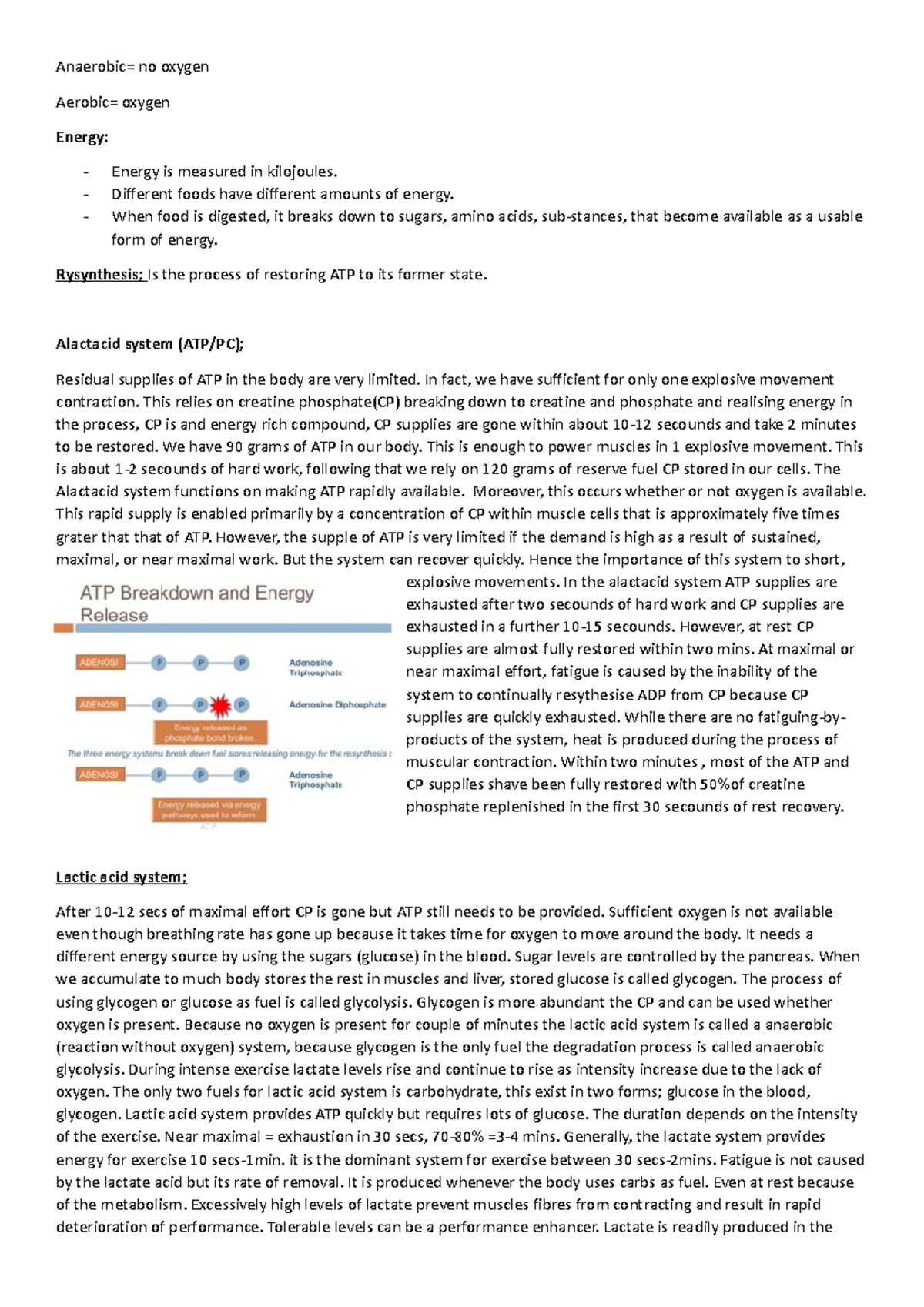 Core 2, energy systems - Anaerobic= no oxygen Aerobic= oxygen Energy ...