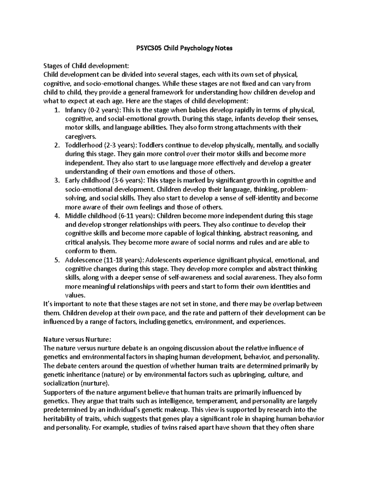 PSYC305 Child Psychology Notes - PSYC305 Child Psychology Notes Stages ...