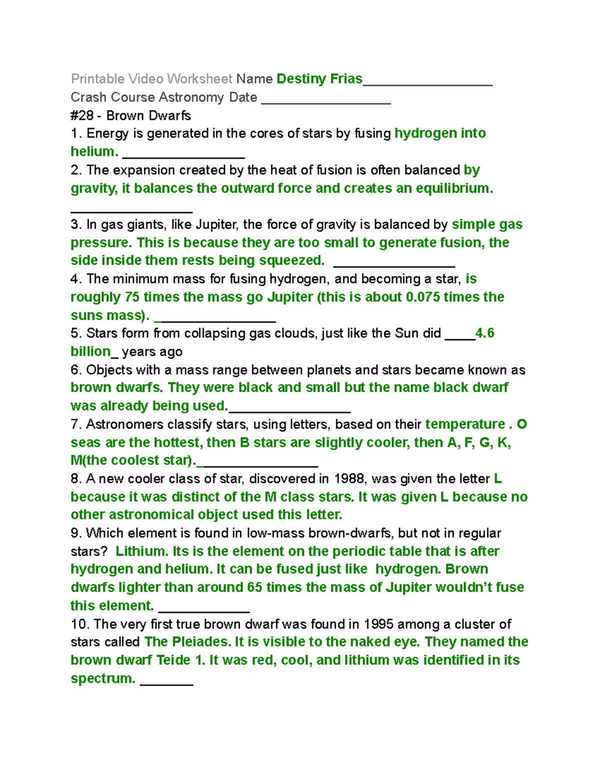 CCA #28 Brown Dwarfs - Printable Video Worksheet Name Destiny Frias ...