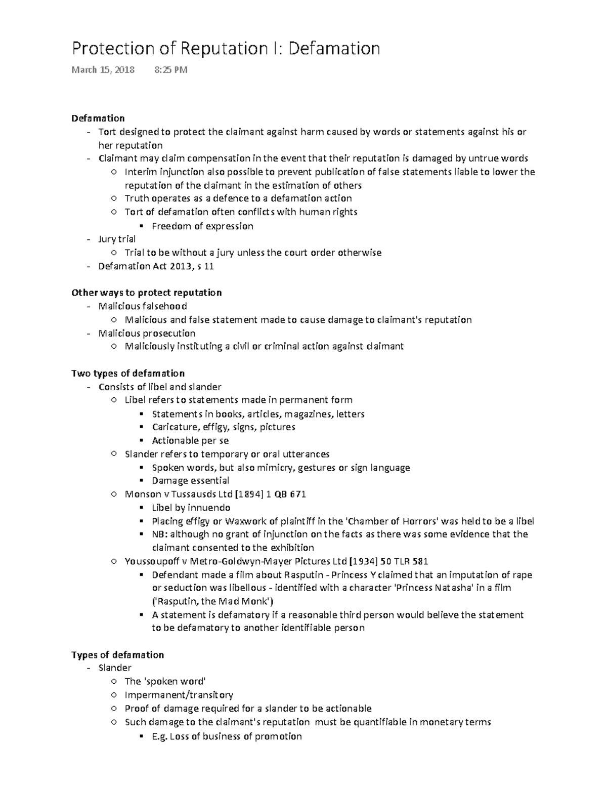 Tort Law Protection fo Reputation I Defamation Lecture 15 - Warning: TT: undefined function: 32 ...