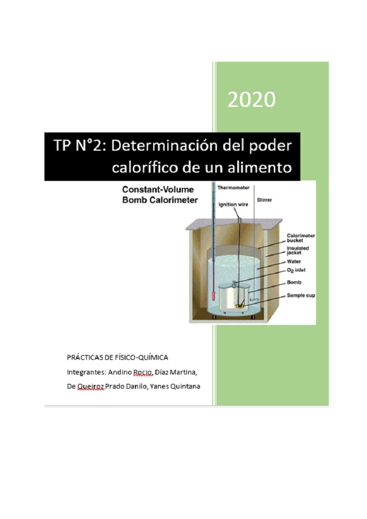 TP2 Yanes - tp poder calorífico de un alimento - Trabajo Práctico 2 : Determinación del poder ...