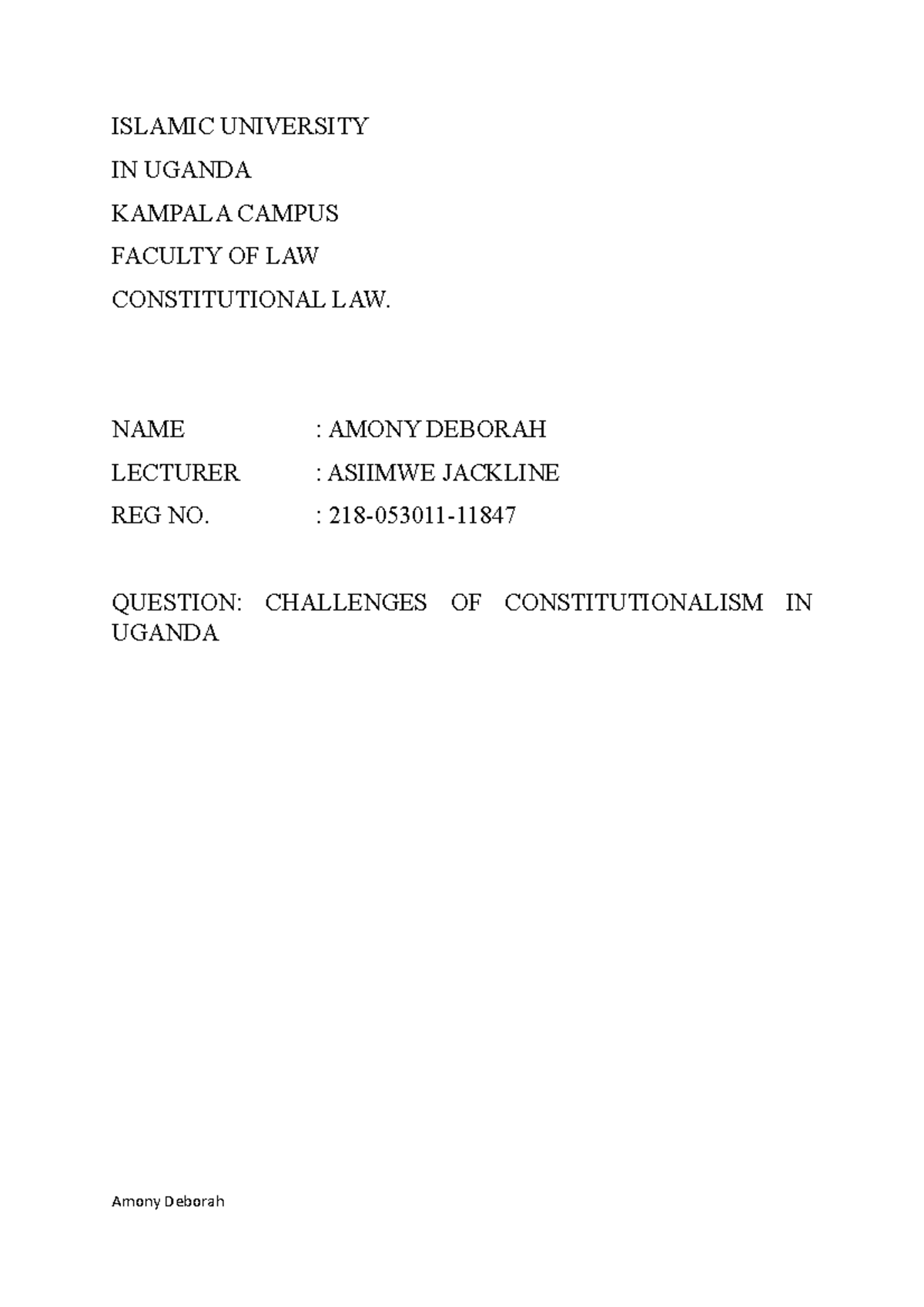 Constitutional LAW Course WORK - ISLAMIC UNIVERSITY IN UGANDA KAMPALA ...