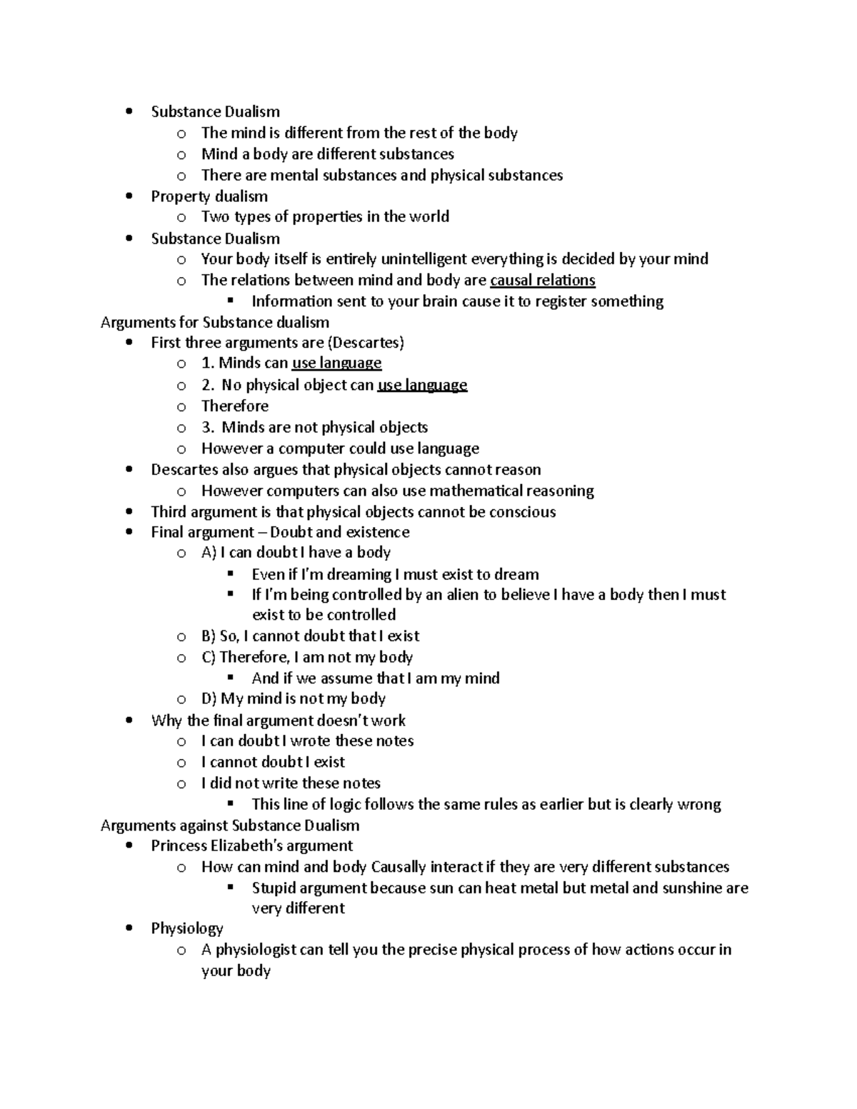 Theodore Sider Dualism Notes Give me my trial - Substance Dualism o The ...
