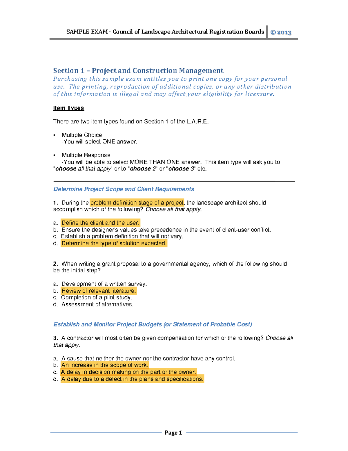 01sampleexam 1 - Section 1 – Project and Construction Management ...