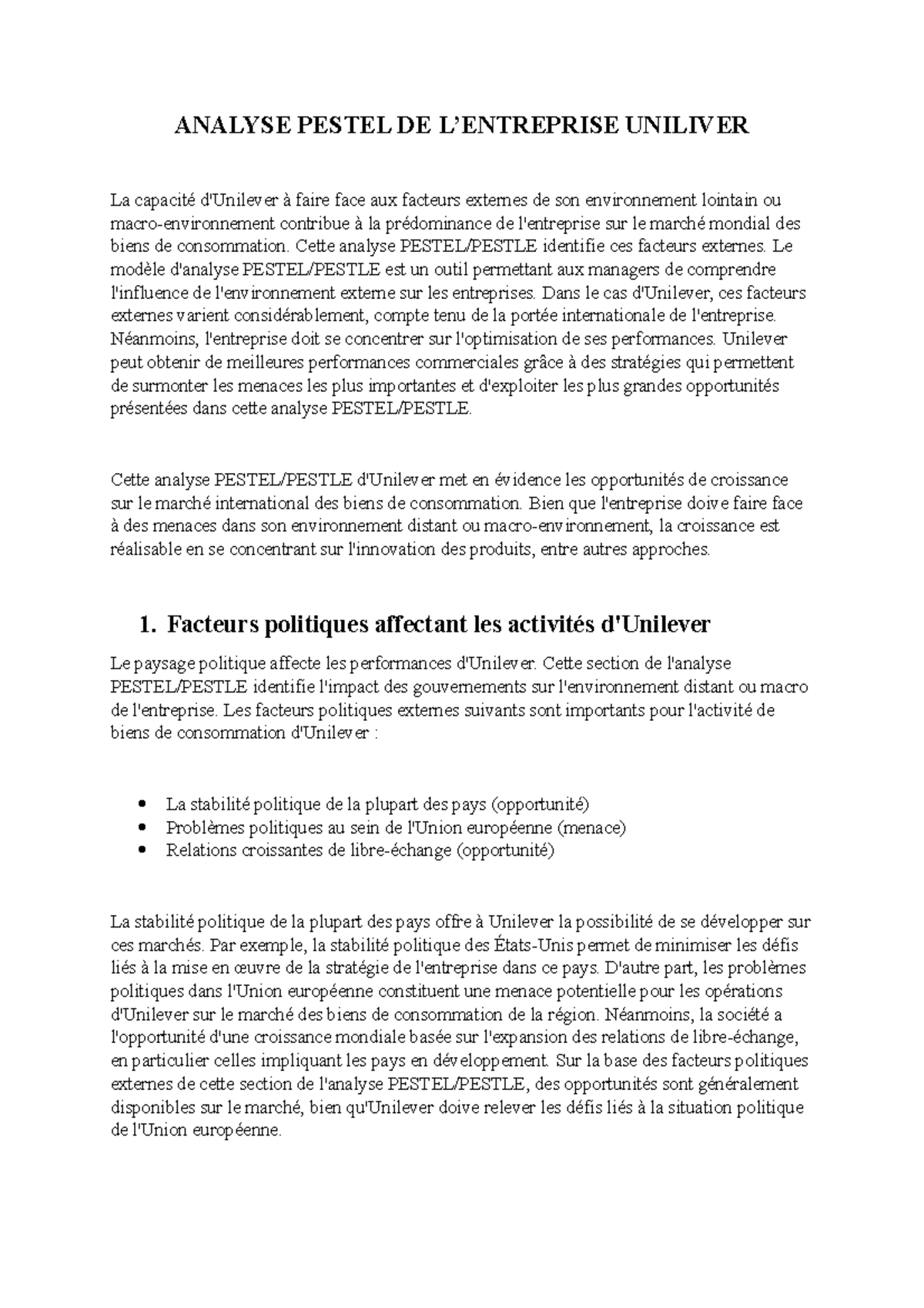 Analyse Pestel d' Uniliver - ANALYSE PESTEL DE L’ENTREPRISE UNILIVER La ...