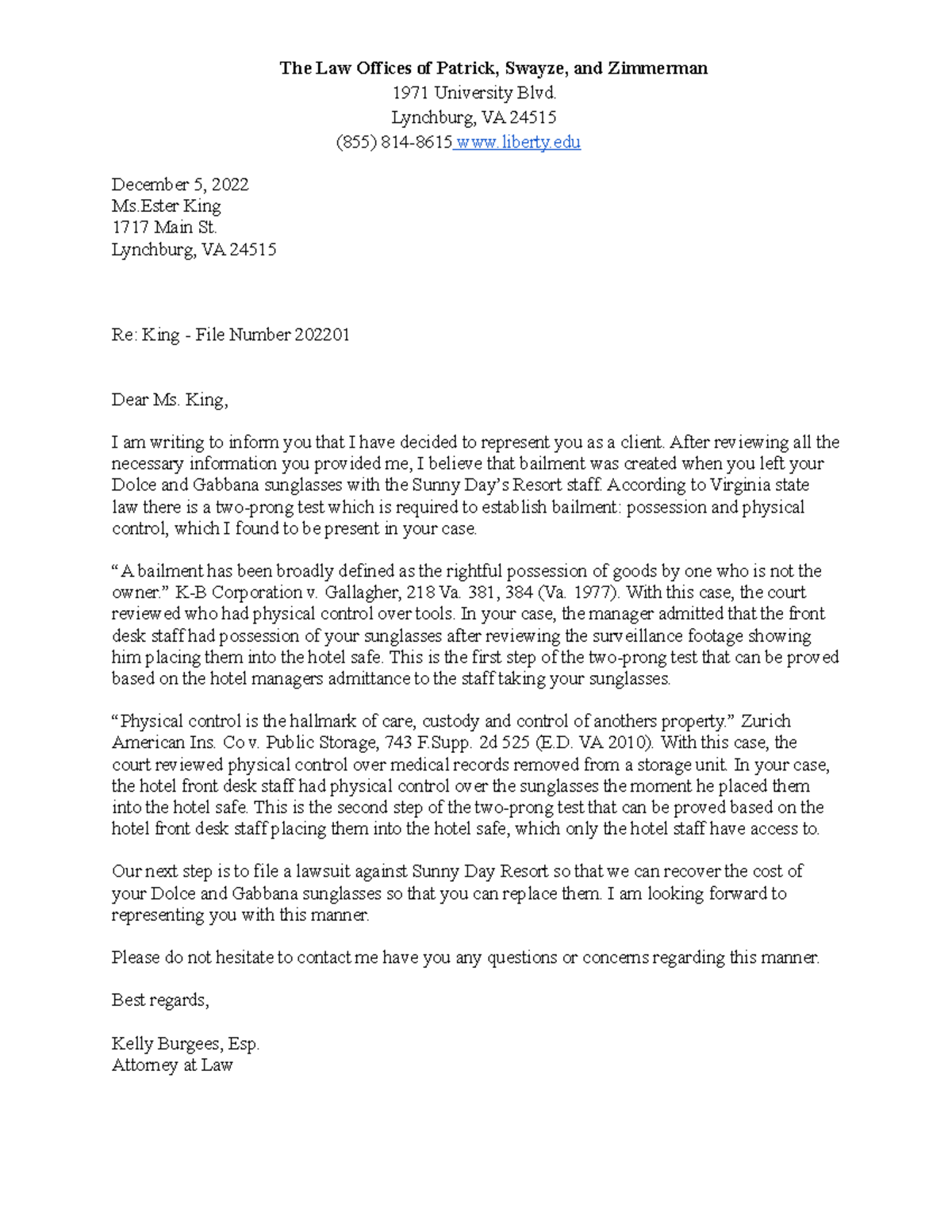 Client letter - The Law Offices of Patrick, Swayze, and Zimmerman 1971 ...