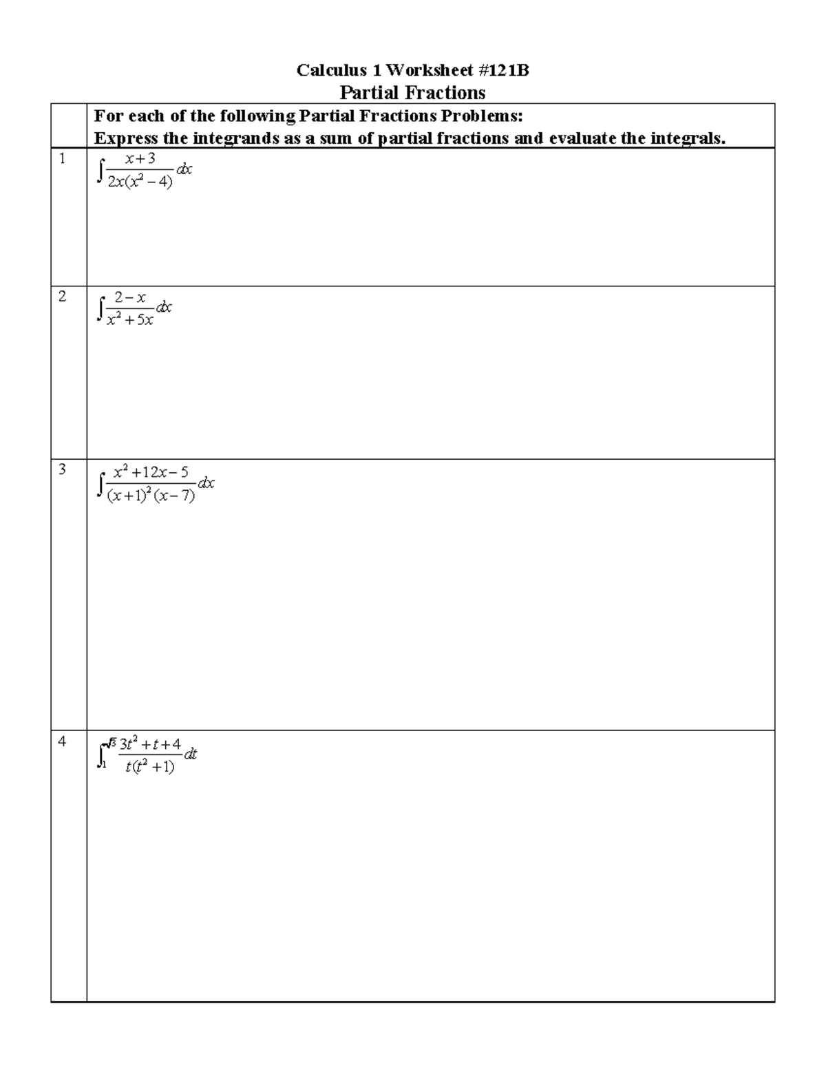 AB ws 121B Partial Fractions - Calculus 1 Worksheet #121B Partial ...