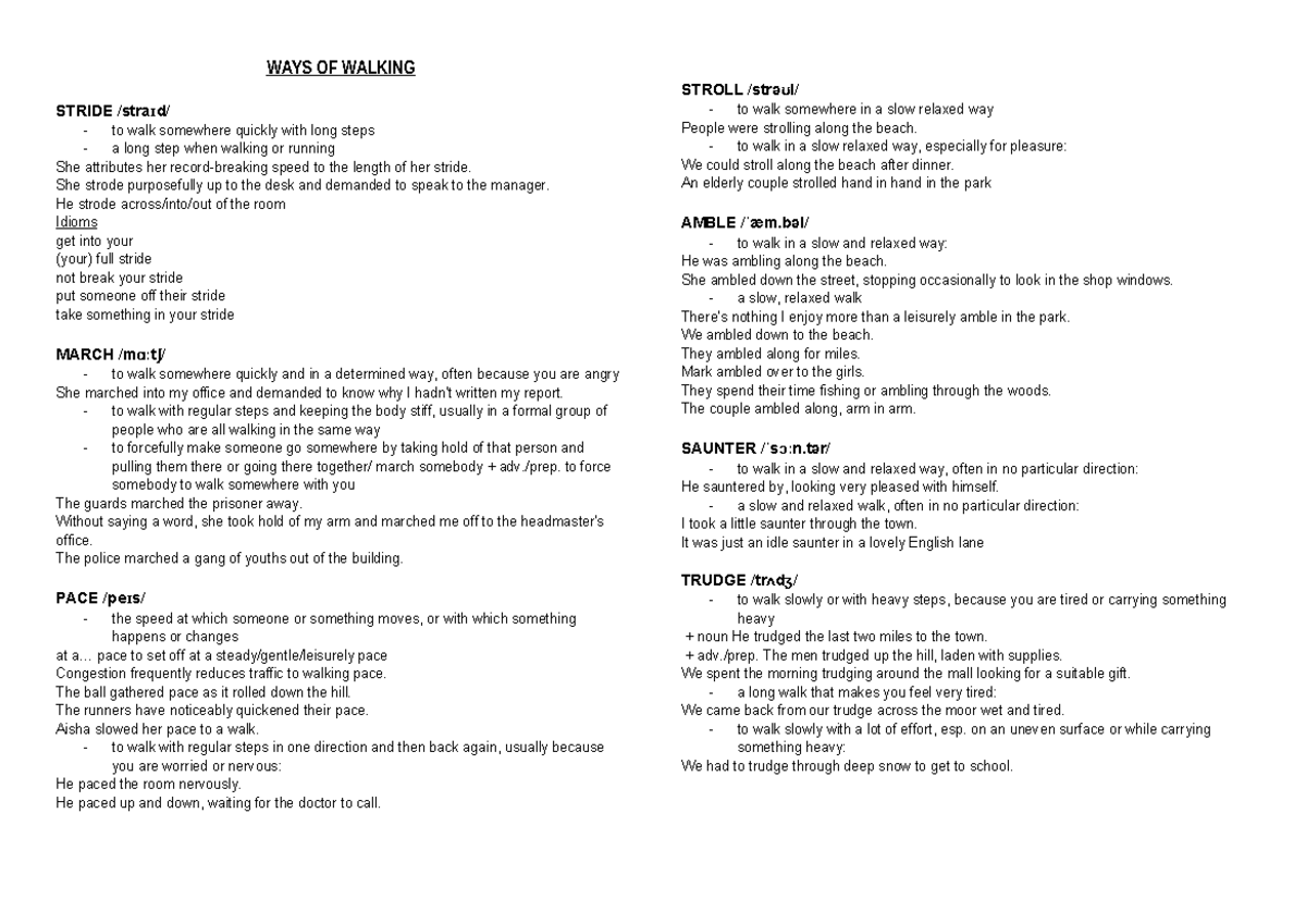 WAYS OF Walking - WAYS OF WALKING STRIDE /stra d/ɪ - to walk somewhere ...