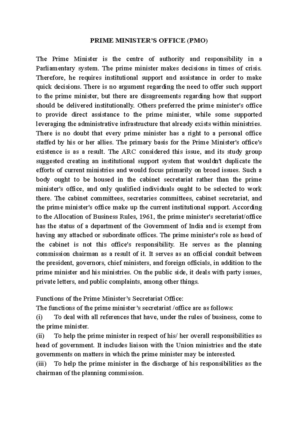 Prime Minister’S Office (PMO) - PRIME MINISTER’S OFFICE (PMO) The Prime ...