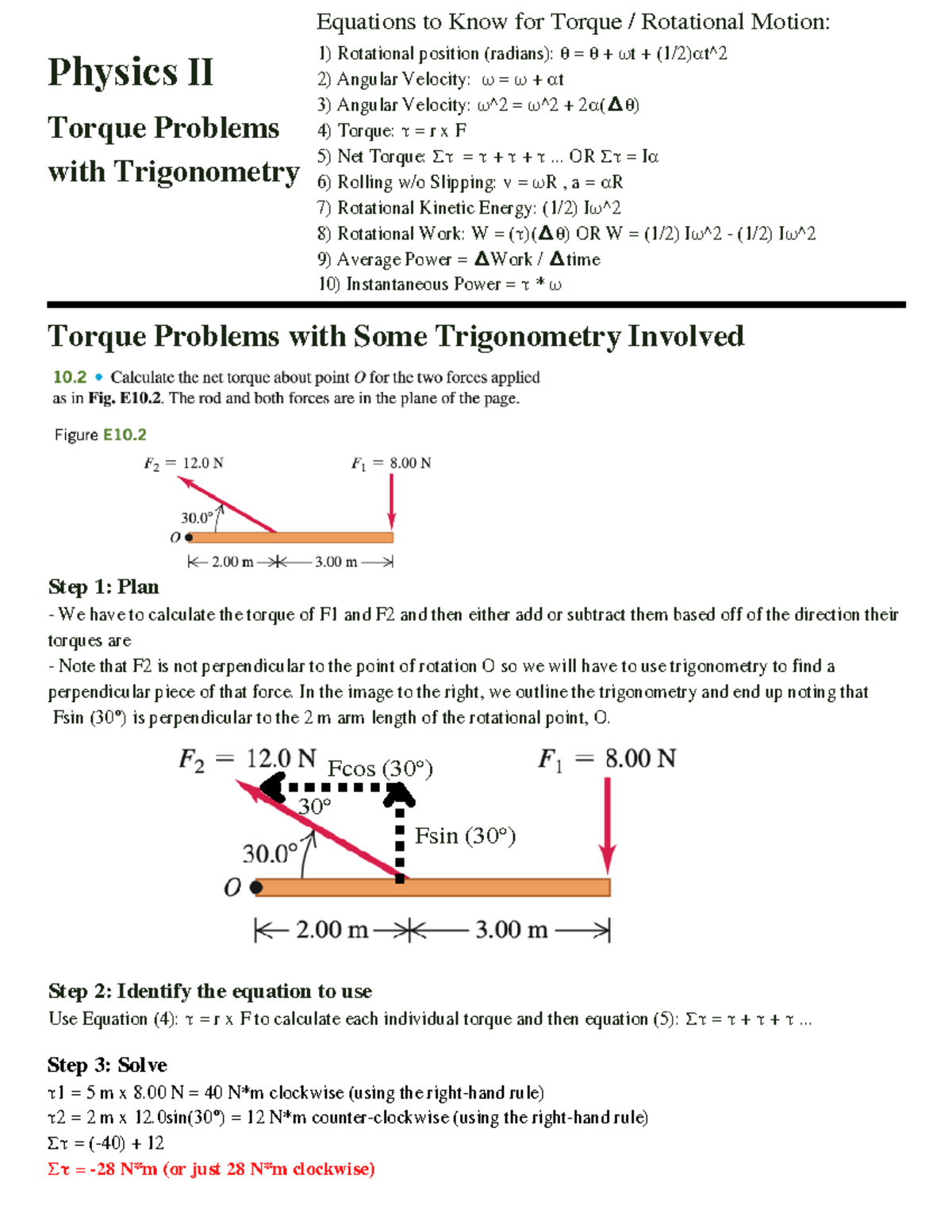 Stu Doc U - Torque with Trig Probs - Physics II Torque Problems with ...