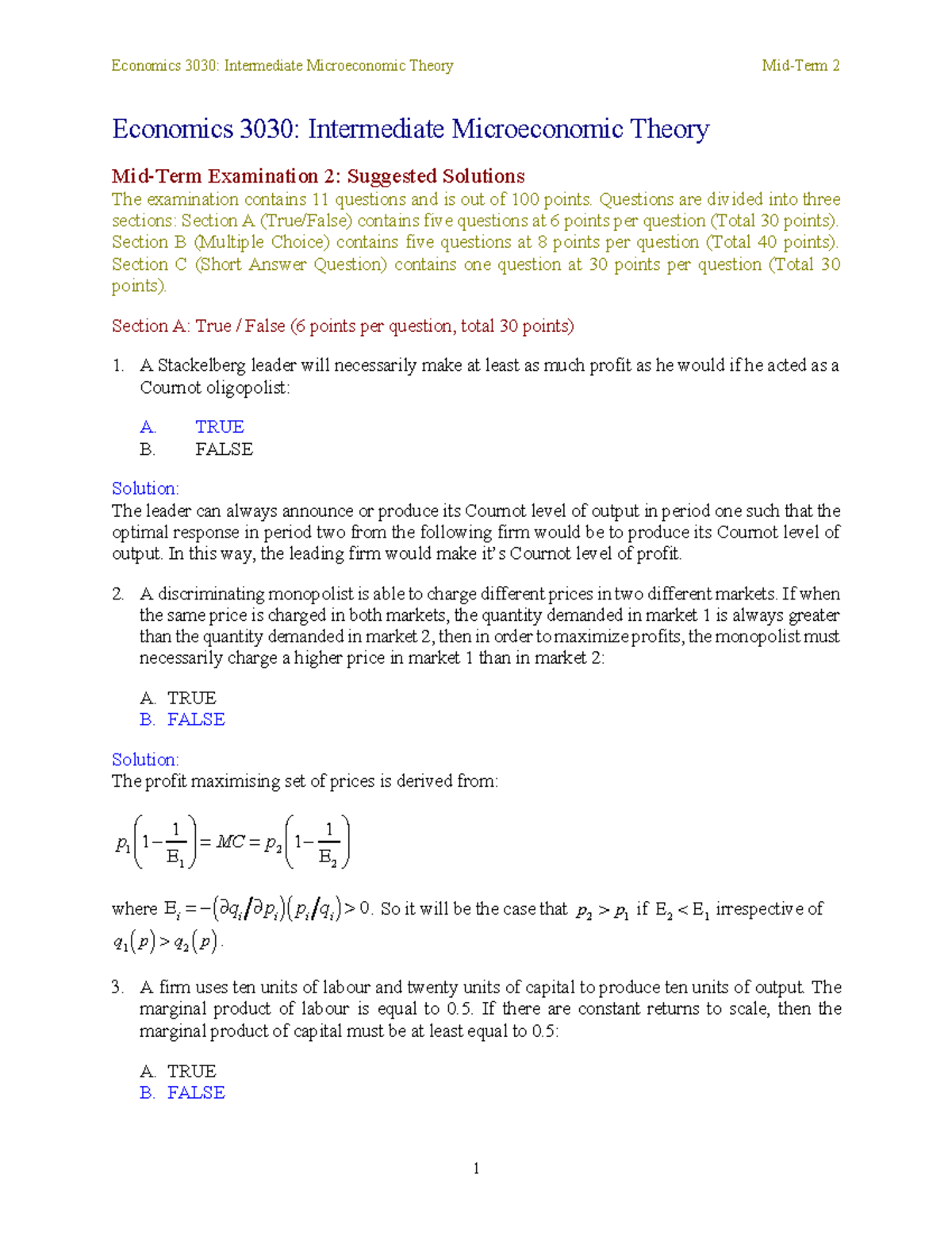 Mid Term 2 2020 - Solutions - Economics 3030: Intermediate ...