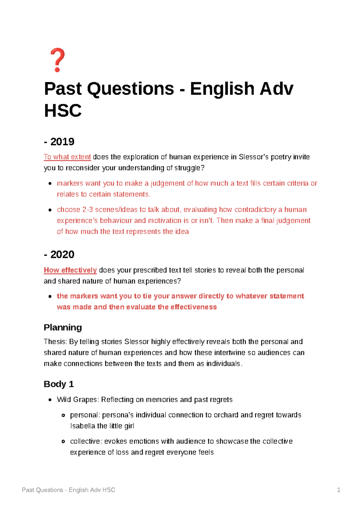 Past Questions - English Adv HSC - choose 2-3 scenes/ideas to talk ...