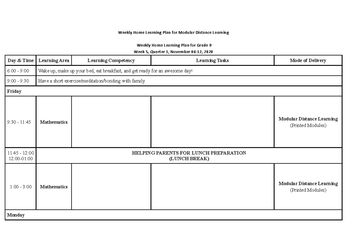 Weekly HOME Learning PLAN Template blank - Weekly Home Learning Plan ...