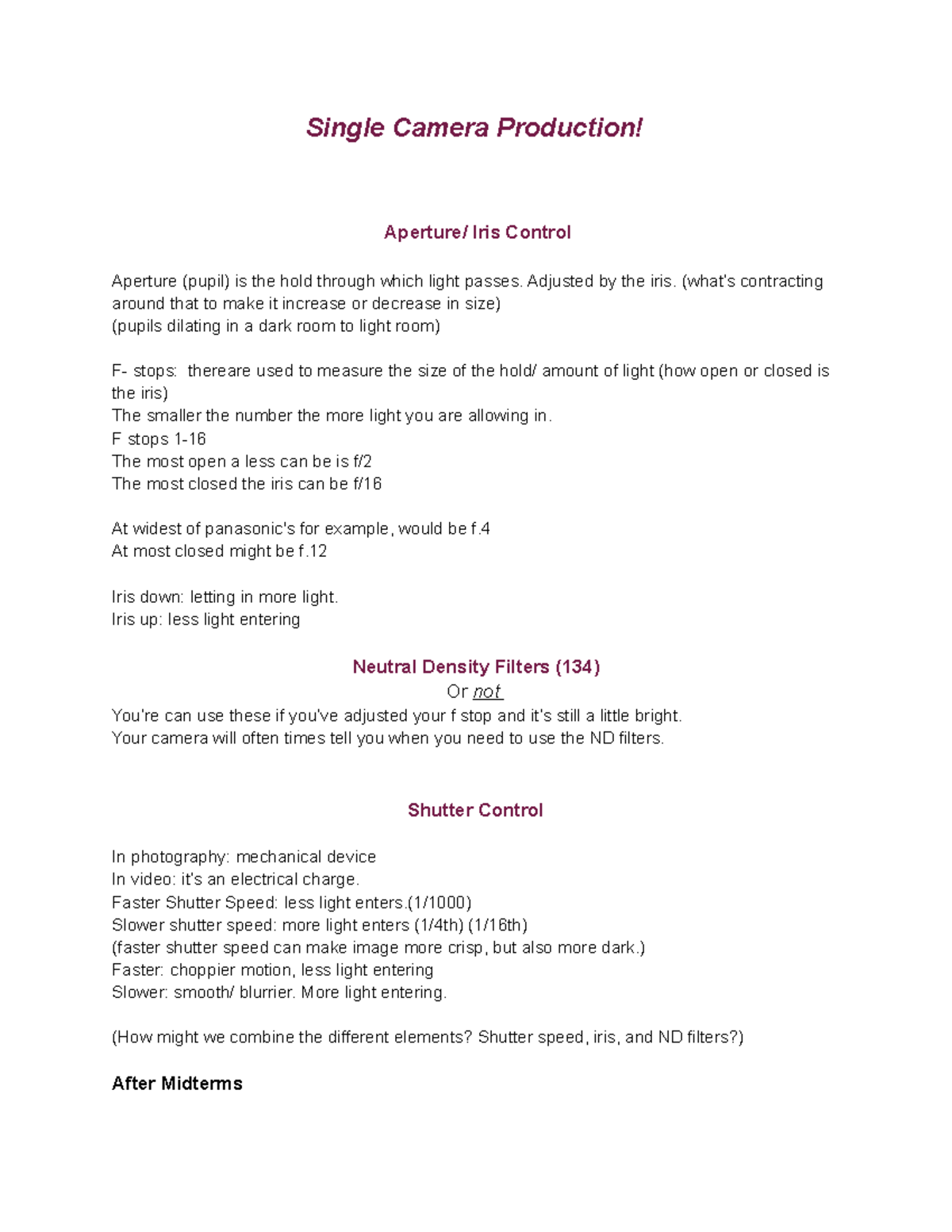 Single Camera Production - Single Camera Production! Aperture/ Iris ...