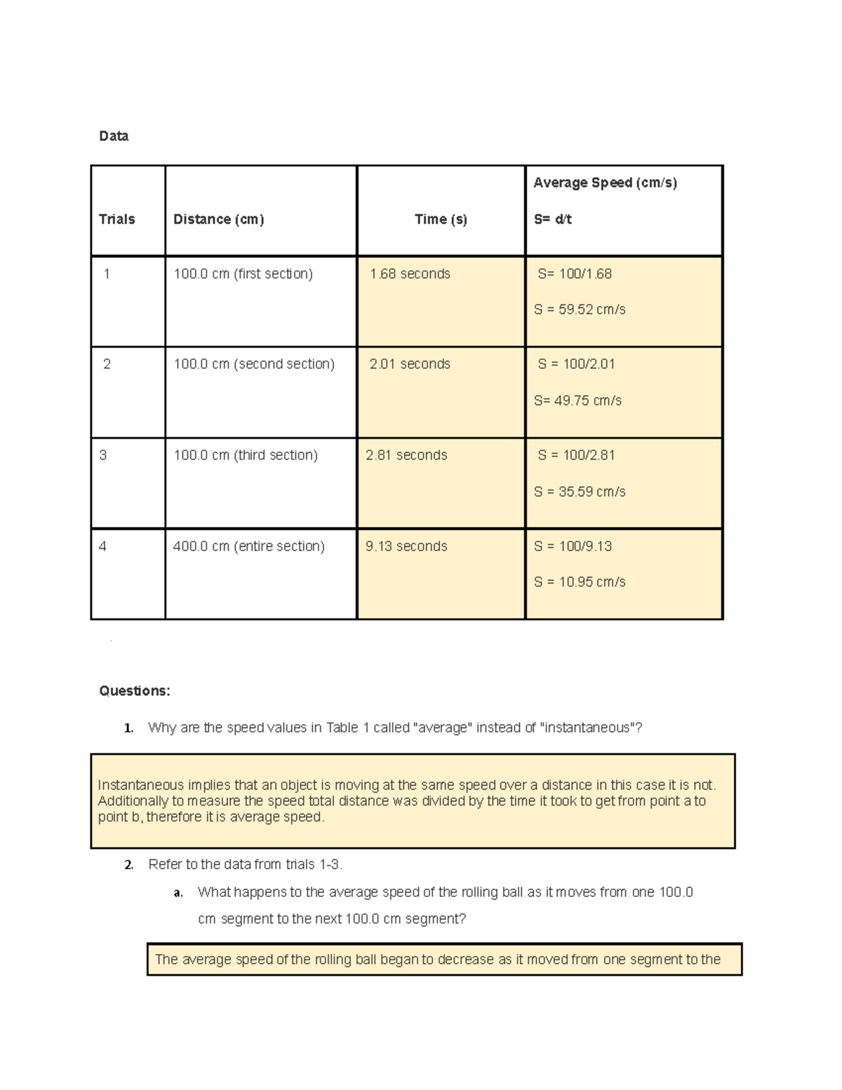 2.01 The Physics 400 - Data Trials Distance (cm) Time (s) Average Speed ...