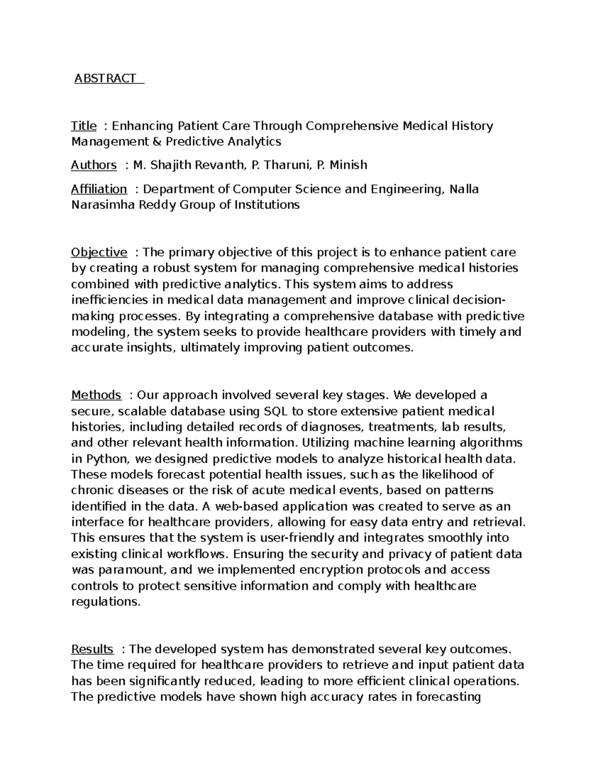 Abstract - dsddd - ABSTRACT Title : Enhancing Patient Care Through ...