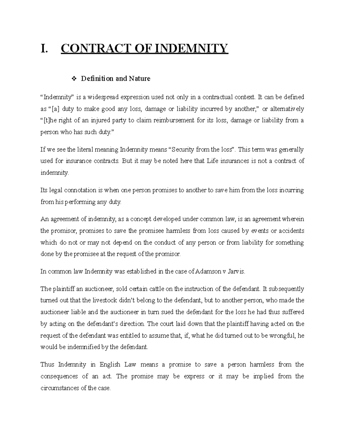 Contract OF Indemnity - notes - I. CONTRACT OF INDEMNITY Definition and ...