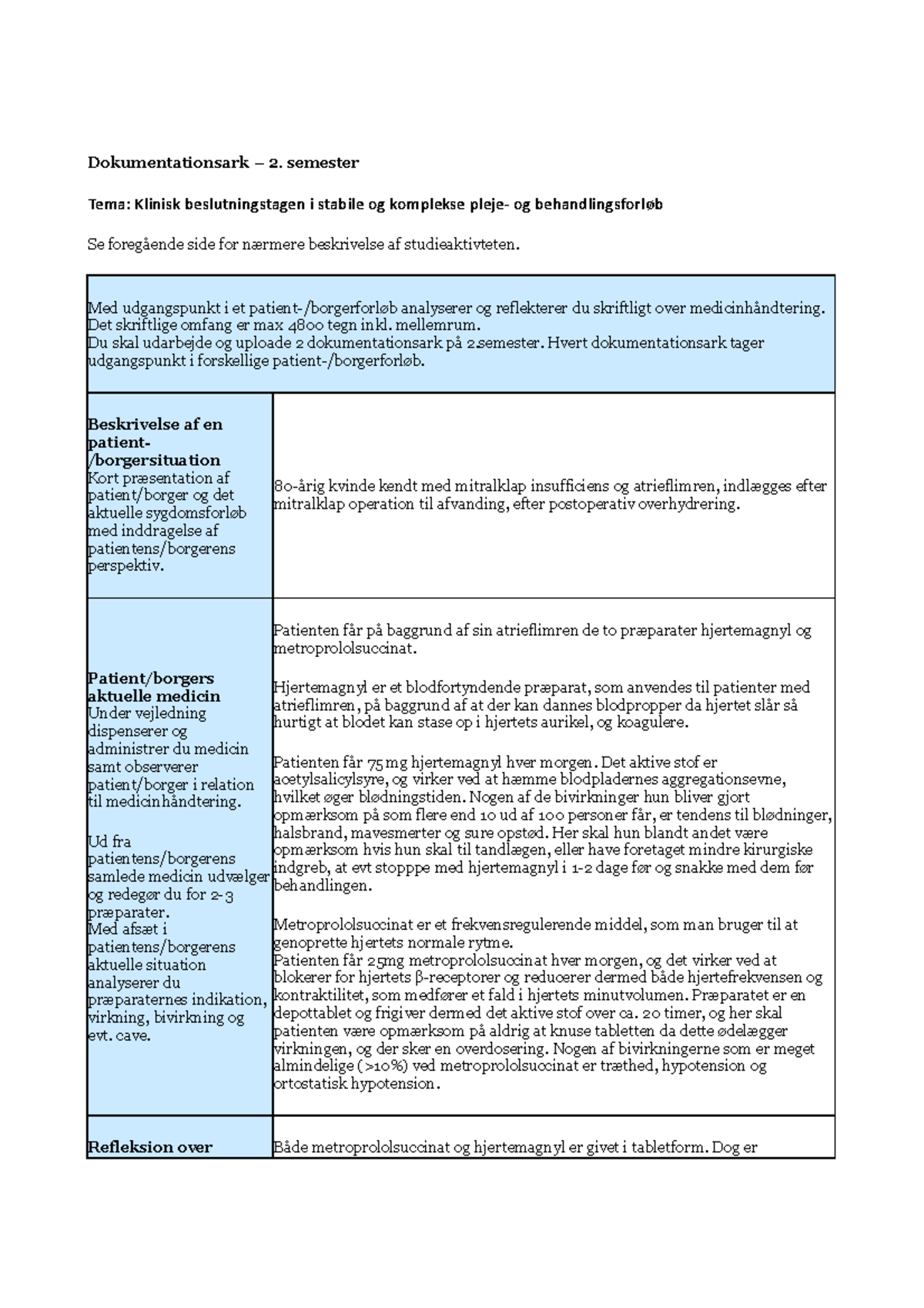 Medicinlogbog 2 semester - Dokumentationsark – 2. semester Tema: Klinisk beslutningstagen i ...
