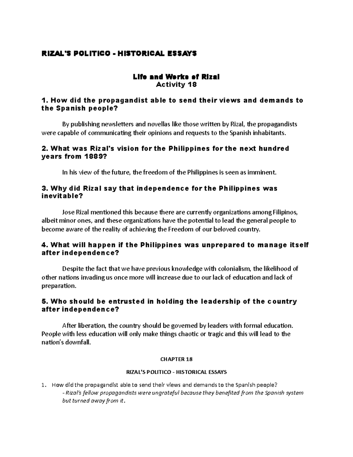 RN18 - Rizal-Chapter-18 - RIZAL'S POLITICO - HISTORICAL ESSAYS Life and ...