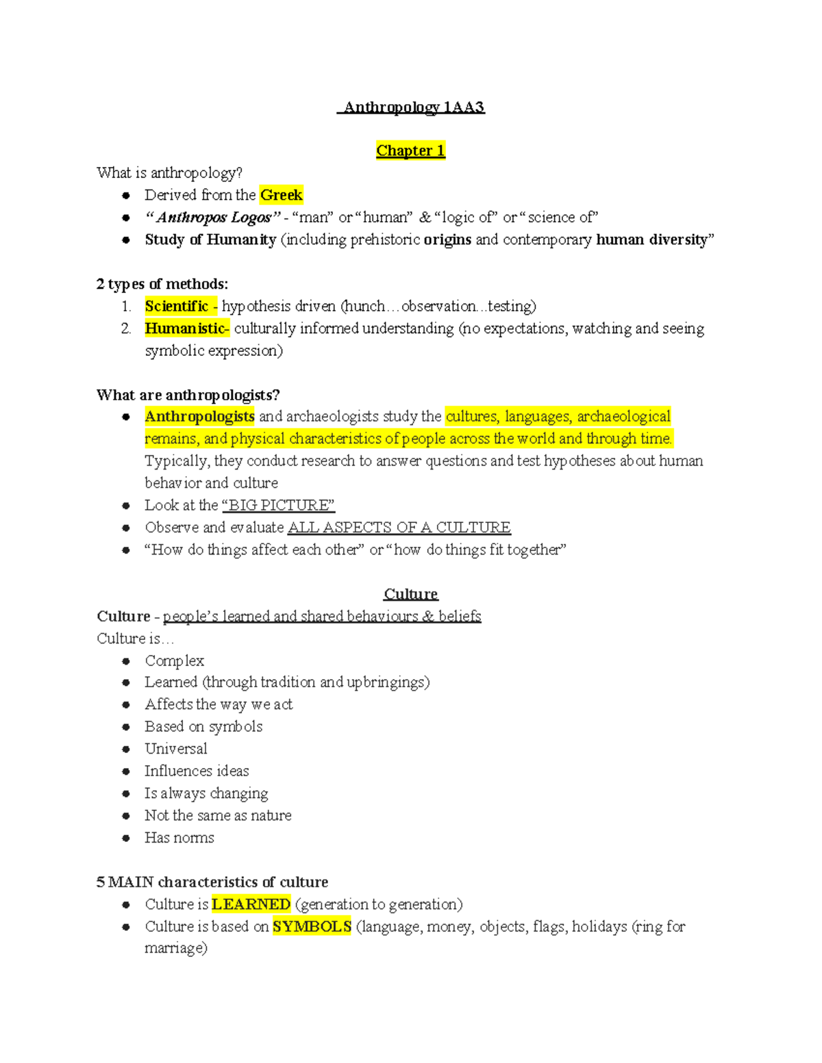 Anthro 1AA3 - Anthropology 1AA Chapter 1 What is anthropology? Derived from the Greek “ - Studocu