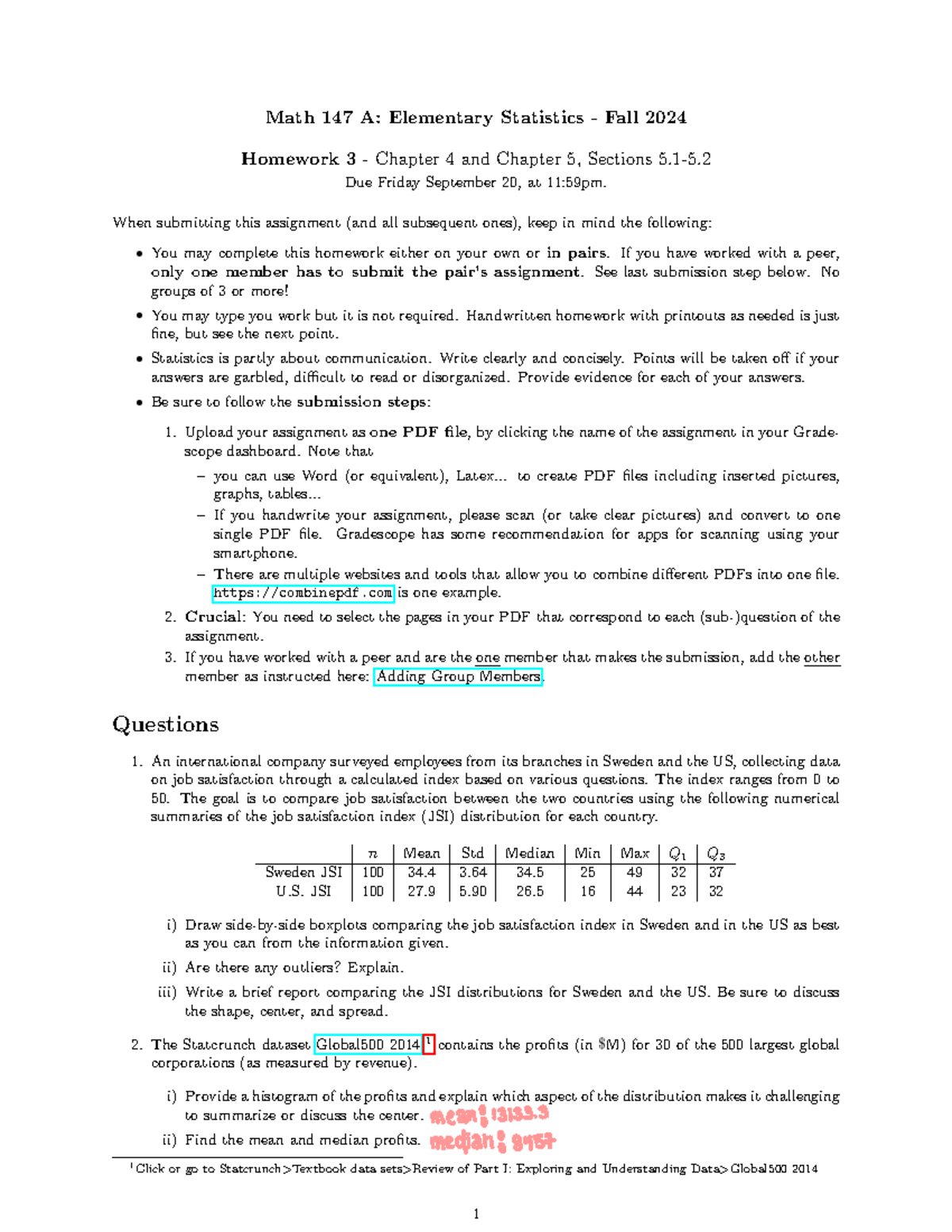 Homework 3 B - Math 147 A: Elementary Statistics - Fall 2024 Homework 3 ...