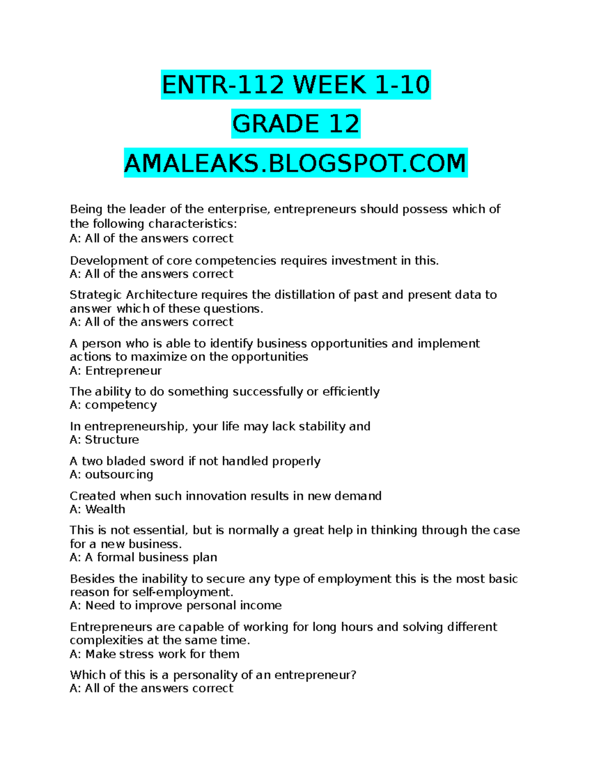 ENTREPRENEUR (ENTR-122) - Grade 12 Week 1-10 - Entrepreneur - Studocu