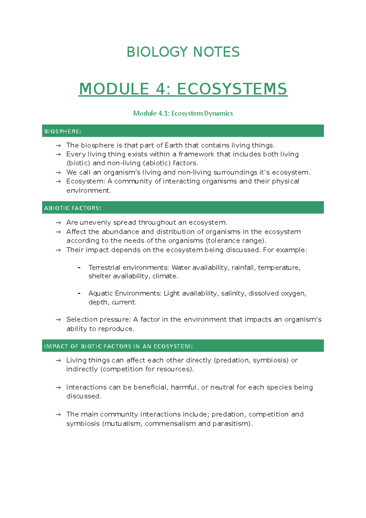 BIO Outcomes Final - Full Biology Prelim Notes - BIOLOGY NOTES MODULE 4 ...
