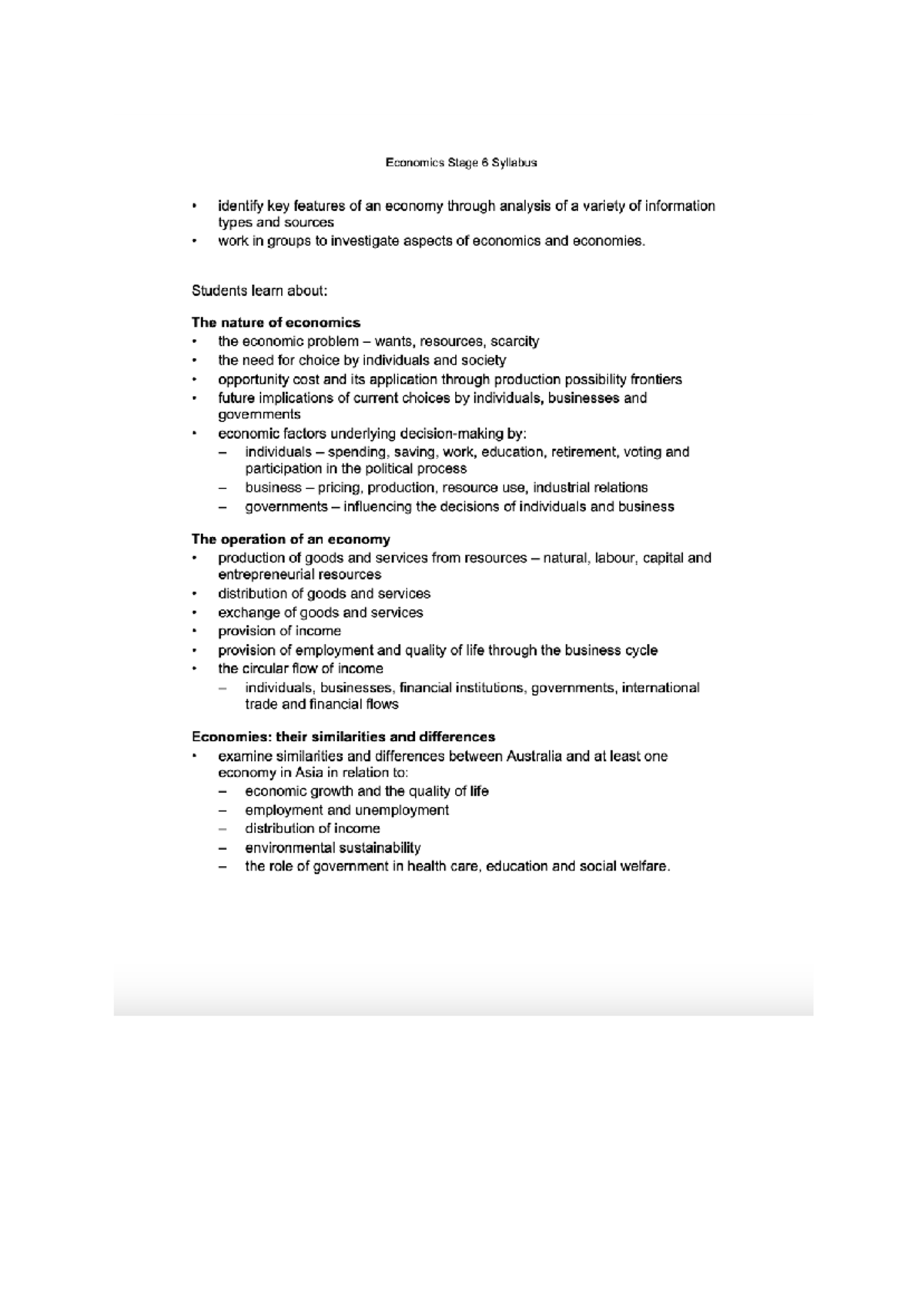 Eco - Economics syllabus summary - Economics Stage 6 Syllabus identify ...