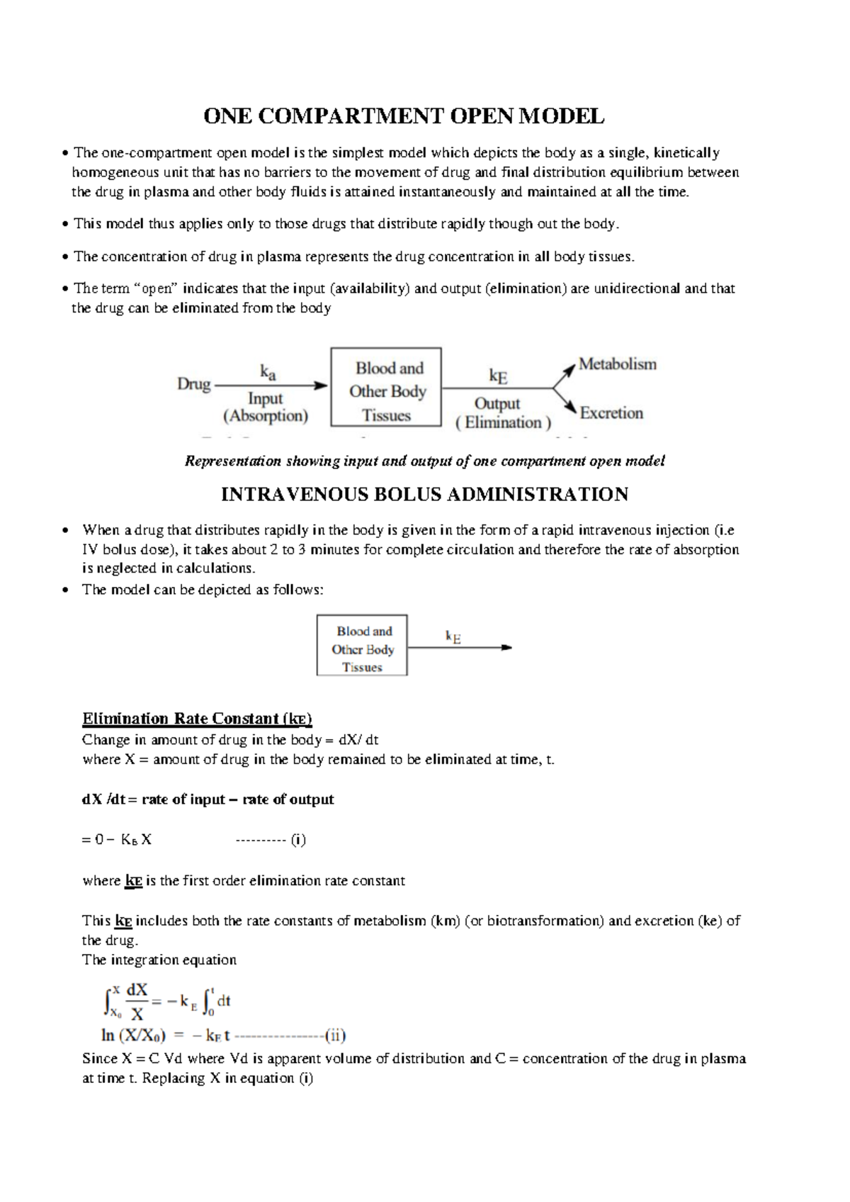 ONE Compartment OPEN Model- IV Bolus - ONE COMPARTMENT OPEN MODEL The ...