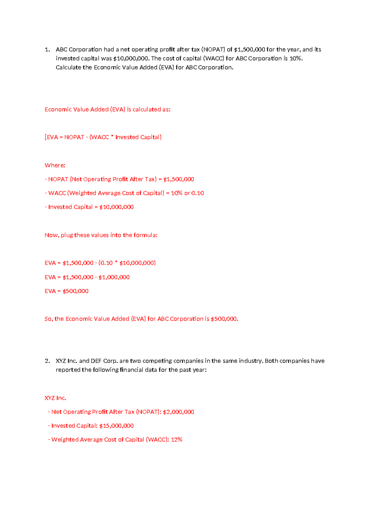 Special Exercise - ABC Corporation had a net operating profit after tax (NOPAT) of $1,500,000 ...