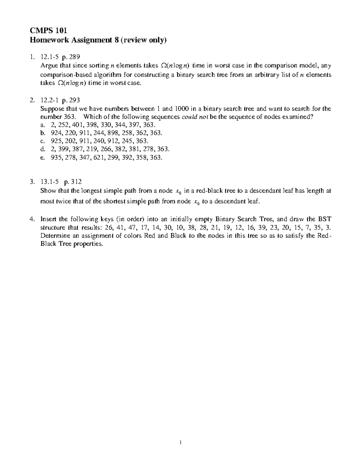 Hw8 Final Homework Assignment For Cs 101 1 Cmps 101 Homework Assignment 8 Review Only 12 5