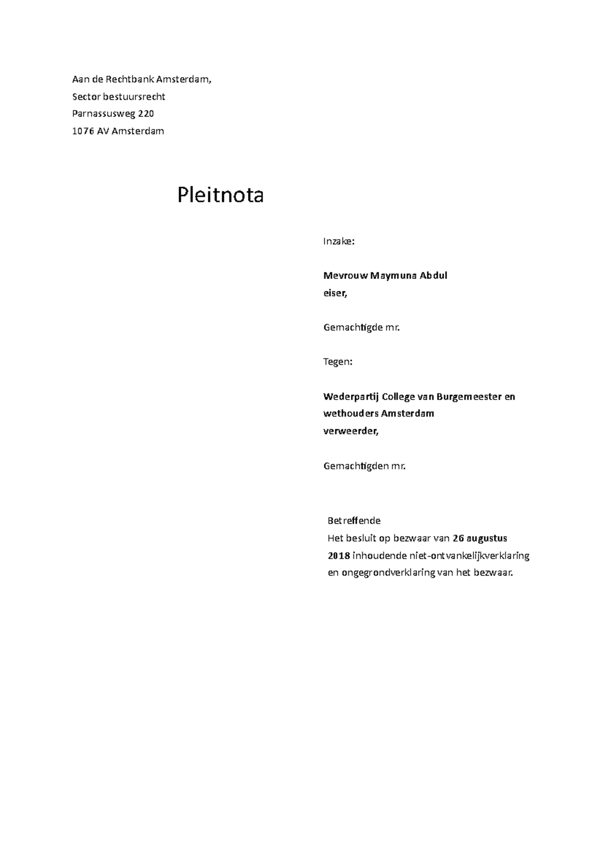 Pleitnota Migratierecht - Aan de Rechtbank Amsterdam, Sector ...