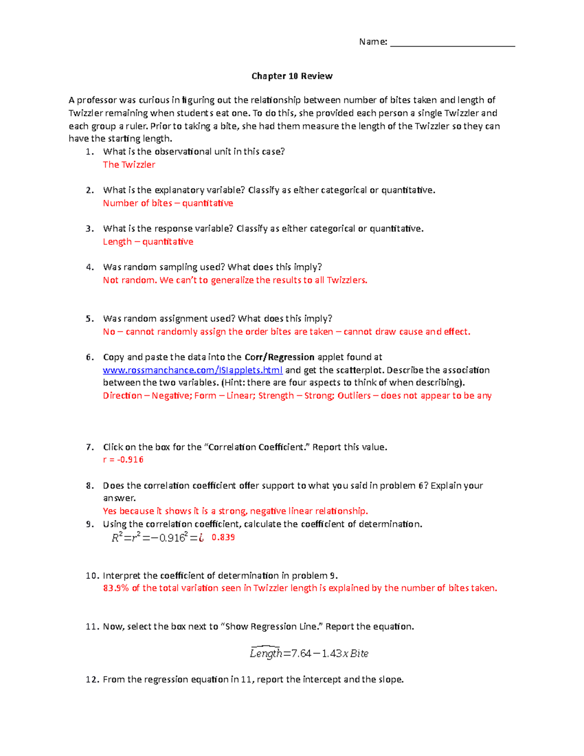 Chapter 10 Review key - Lecture notes 10 - Name ...