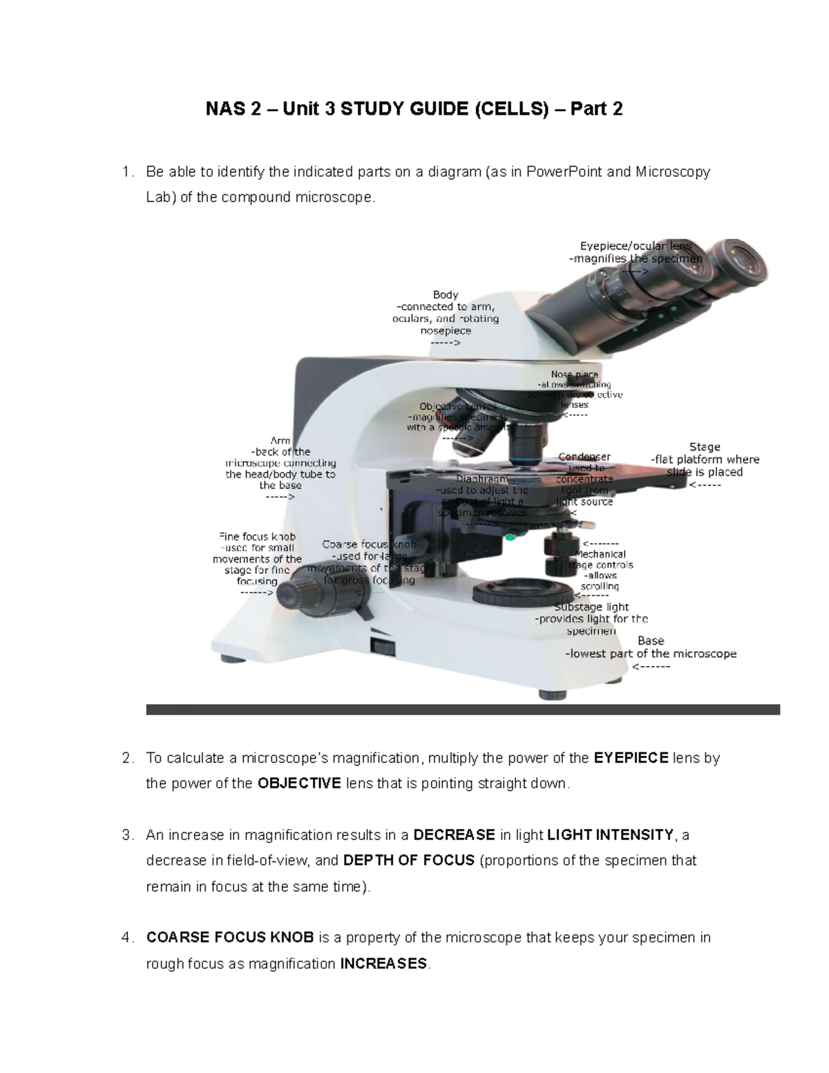 NAS 2 – Unit 3 Part 2 Study Guide - NAS 2 – Unit 3 STUDY GUIDE (CELLS ...